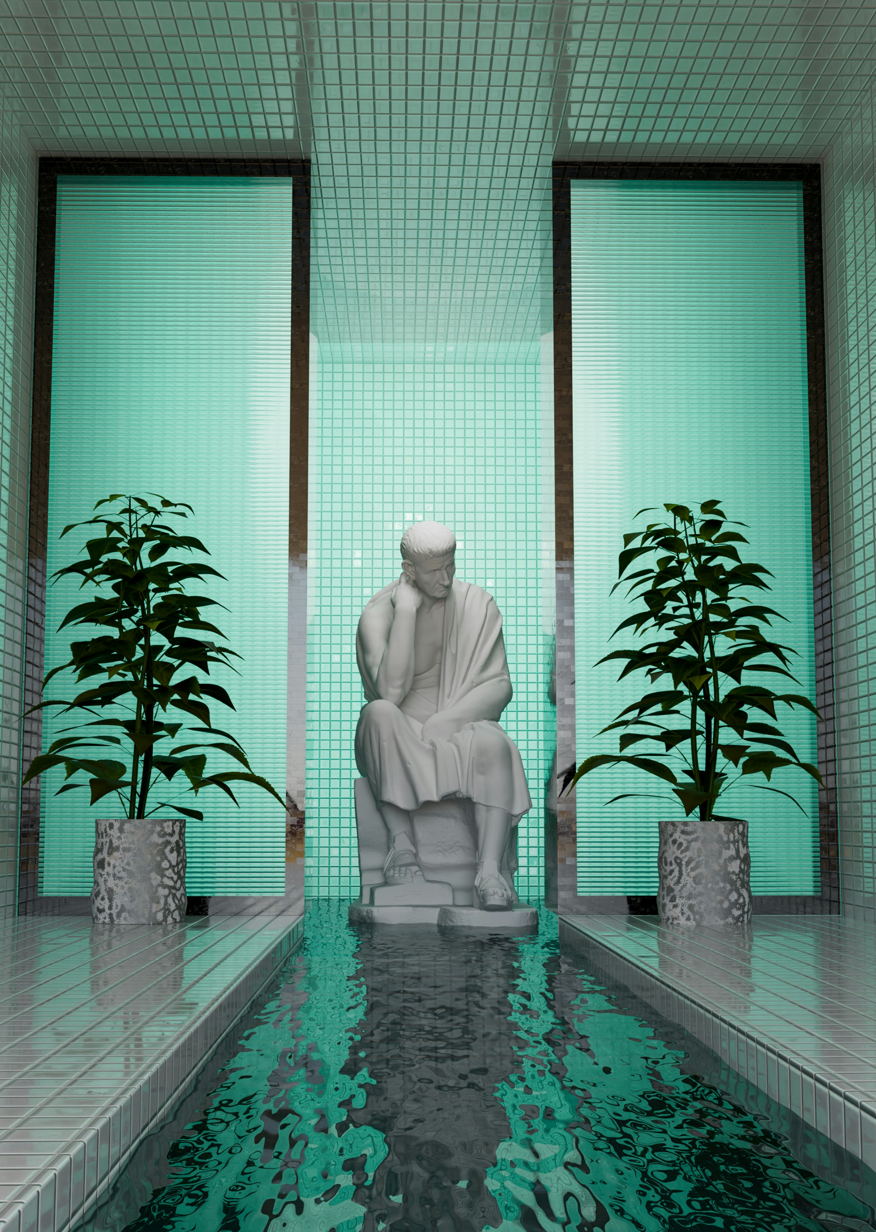 Statue in a modern room with plants and water photo – Free Building ...