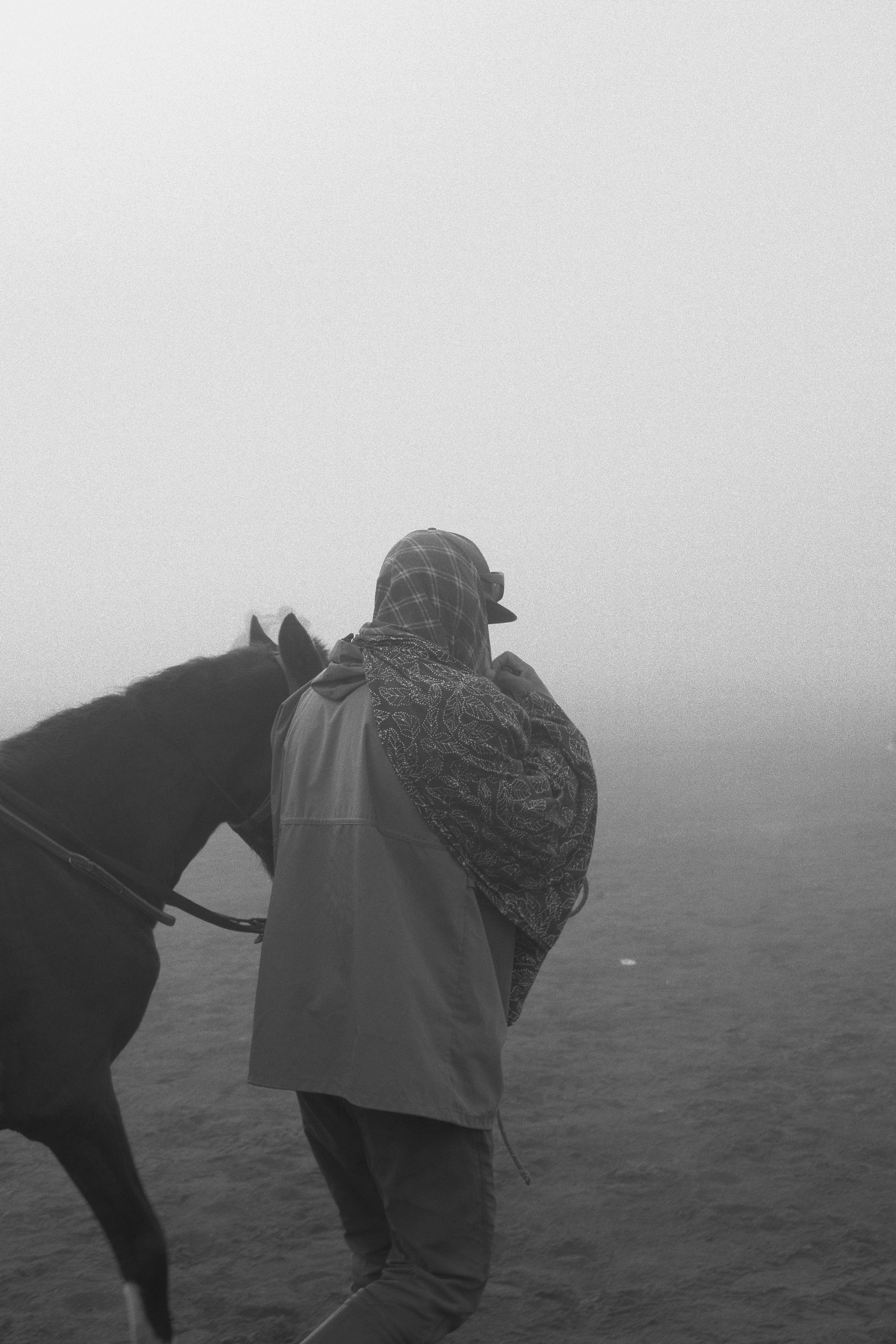 A figure in a patterned shawl leads a horse through a dense fog, creating an atmosphere of mystery and solitude.