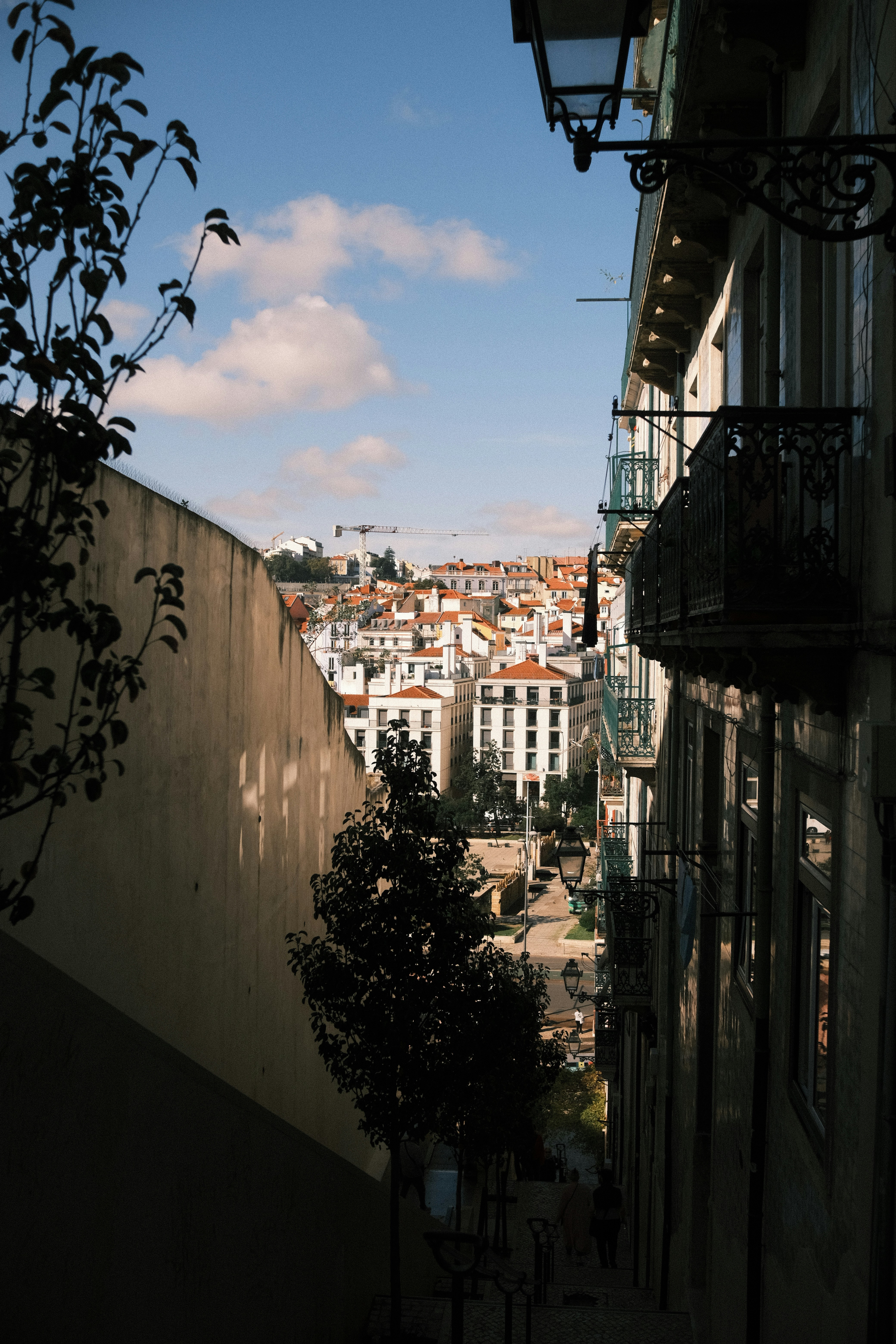 A sunlit European street full of character, featuring cobblestones, colorful facades, and elegant balconies. Ideal for architectural, cityscape, and travel projects. | View of buildings down a narrow street