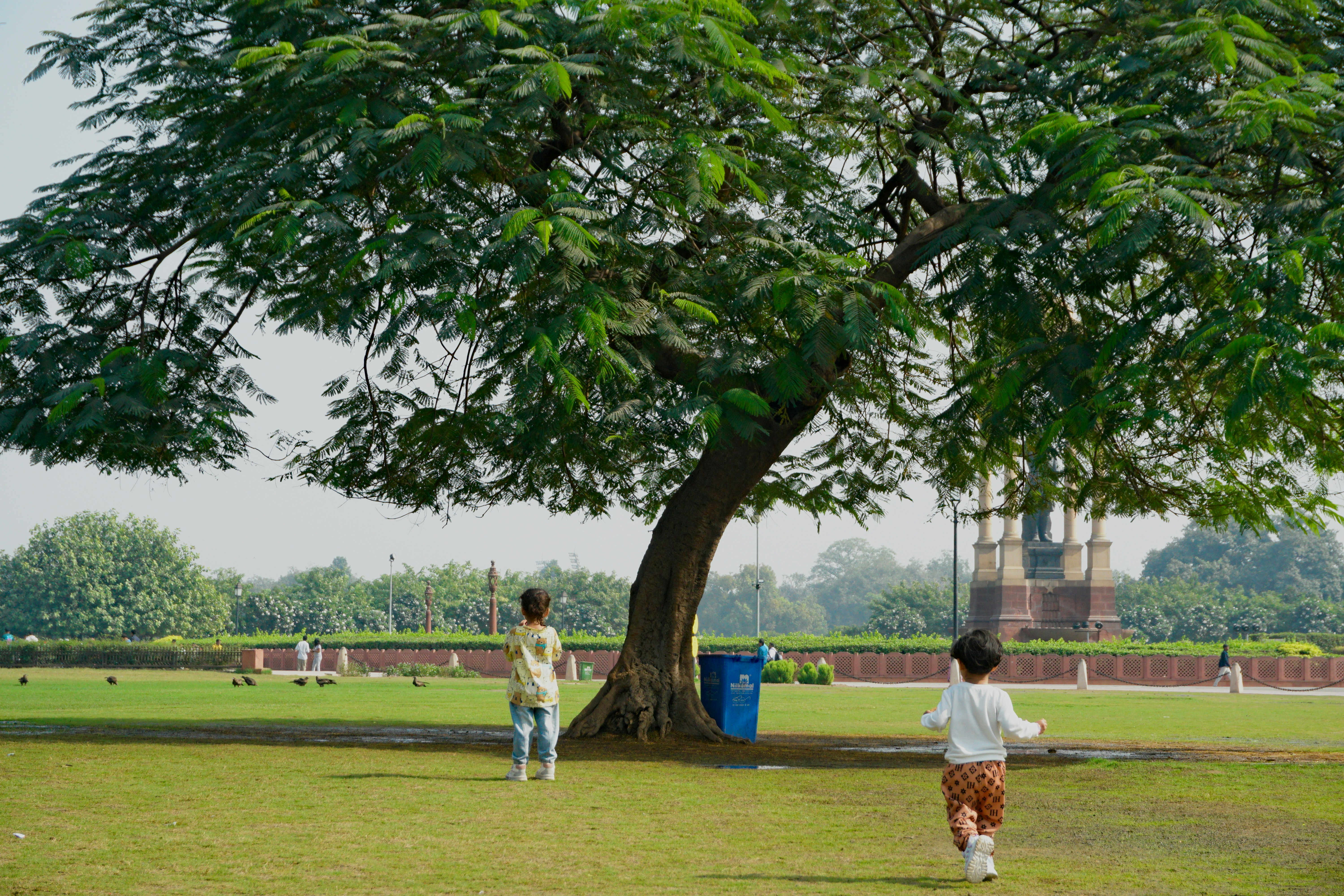 Two children play under a large tree in a park.