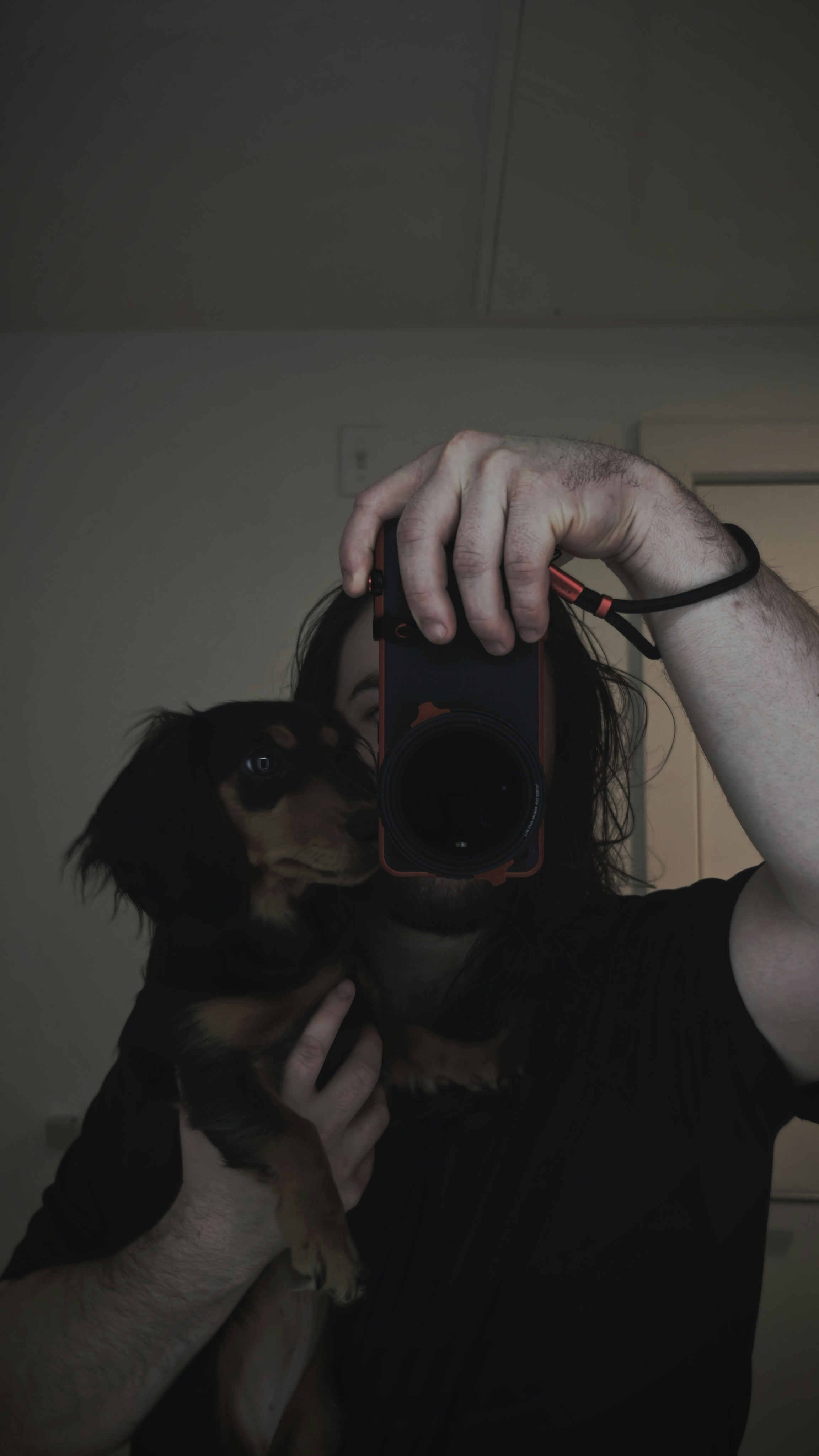 Person holding a small dog in front of a mirror