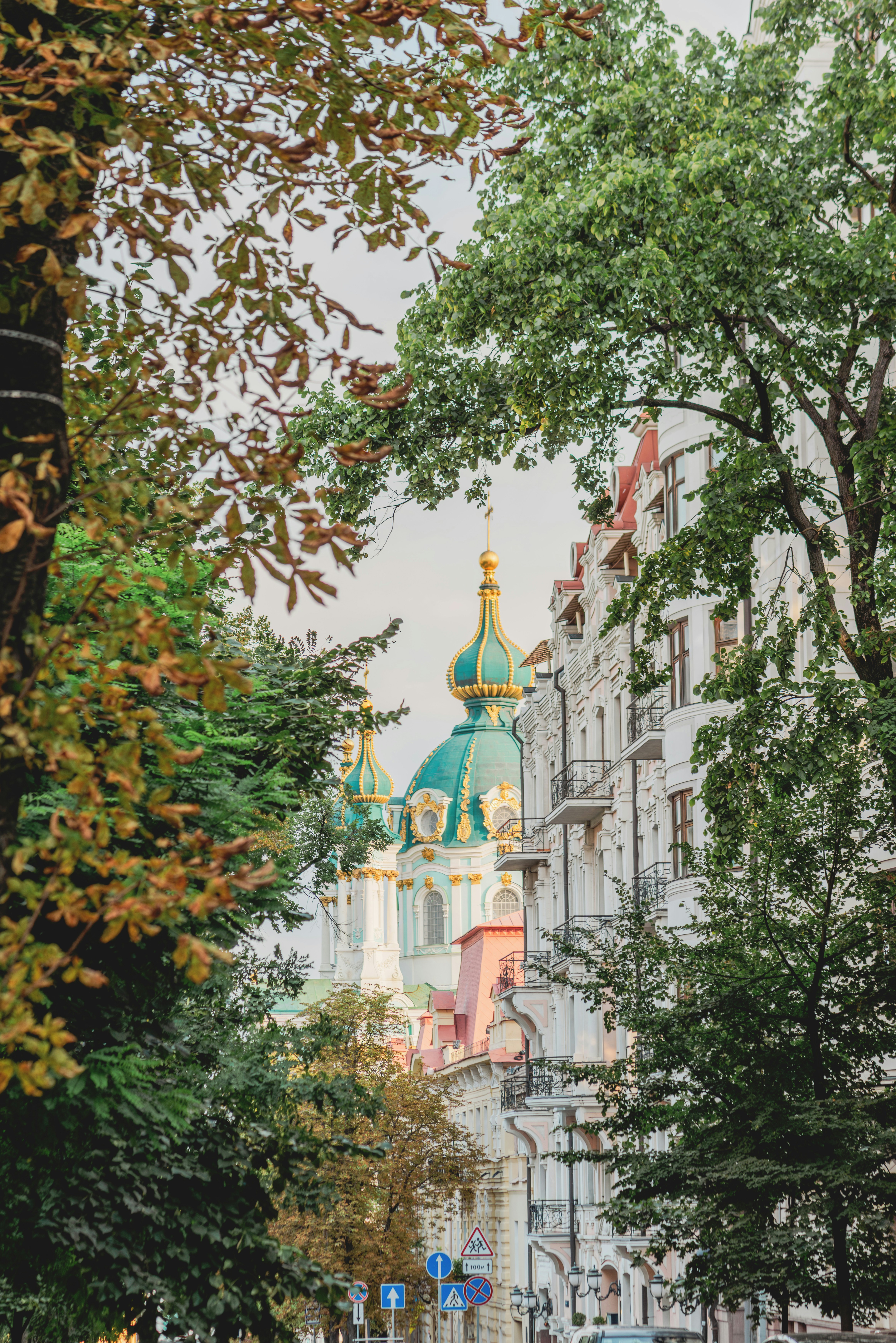 Colorful domes of a historic building peek through lush trees lining a charming street.