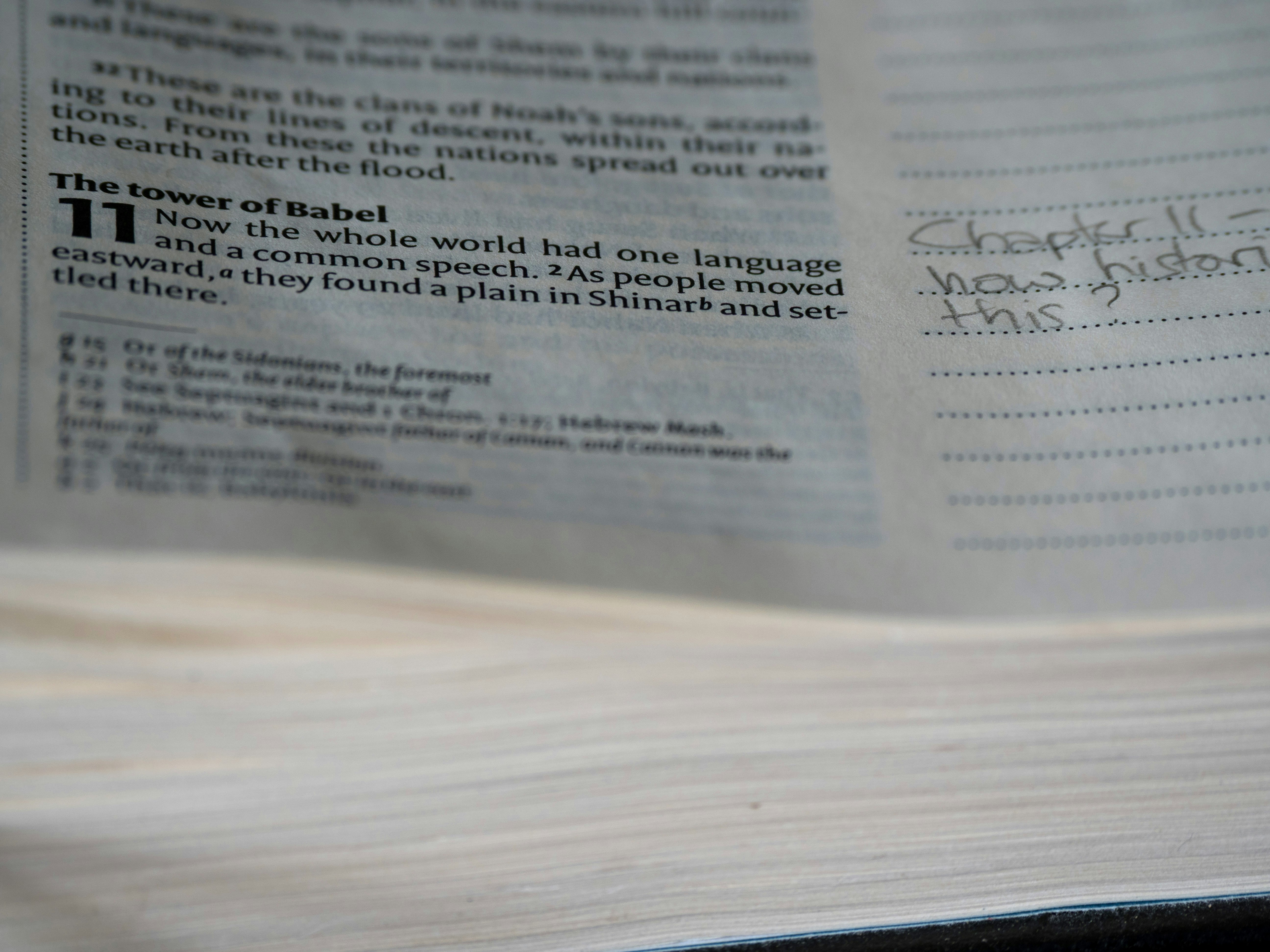 Open Bible page featuring the story of the Tower of Babel, highlighting the unity of language and its historical significance.