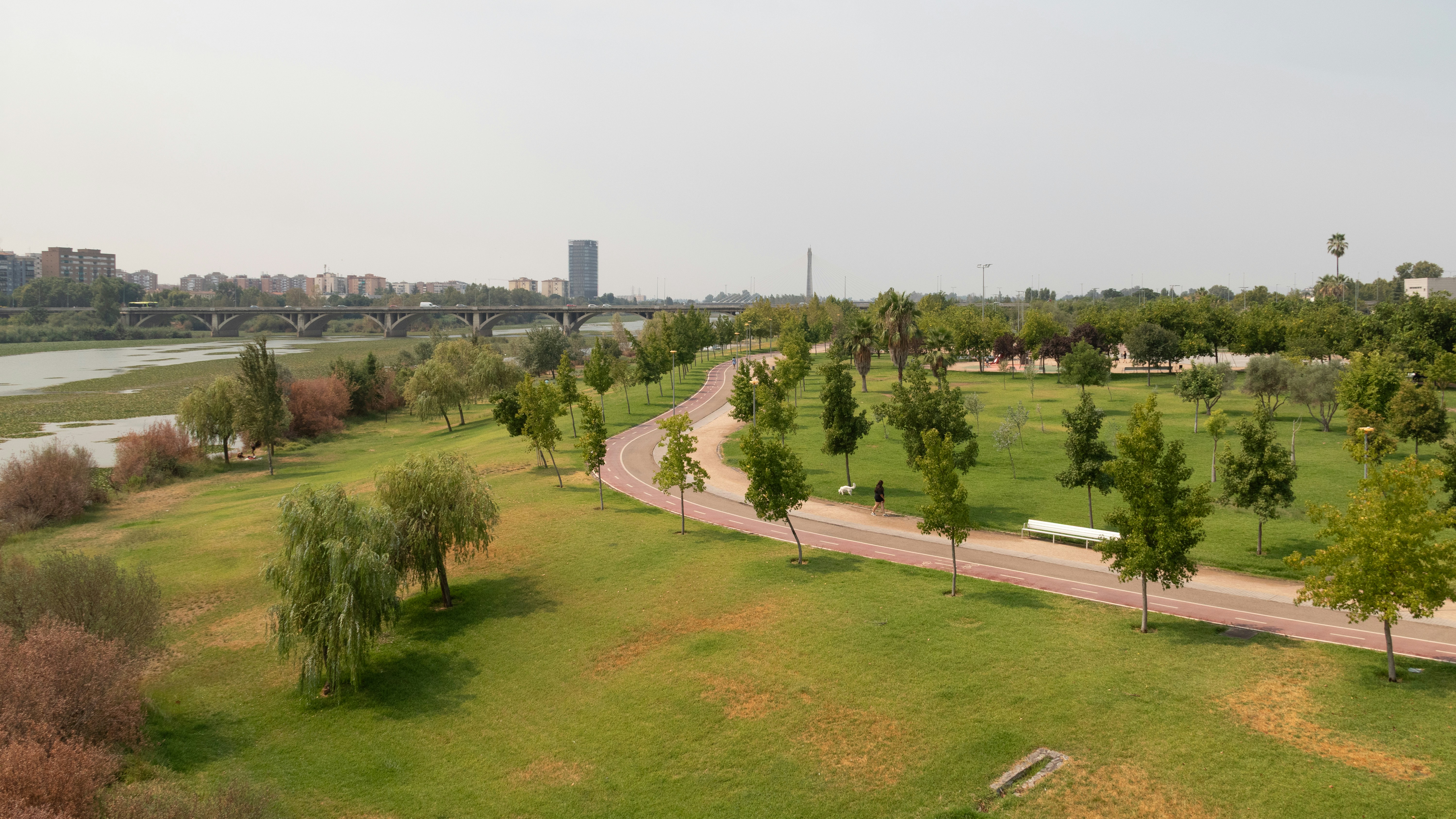 Badajoz, Spain | Green park with trees, path, and distant cityscape.