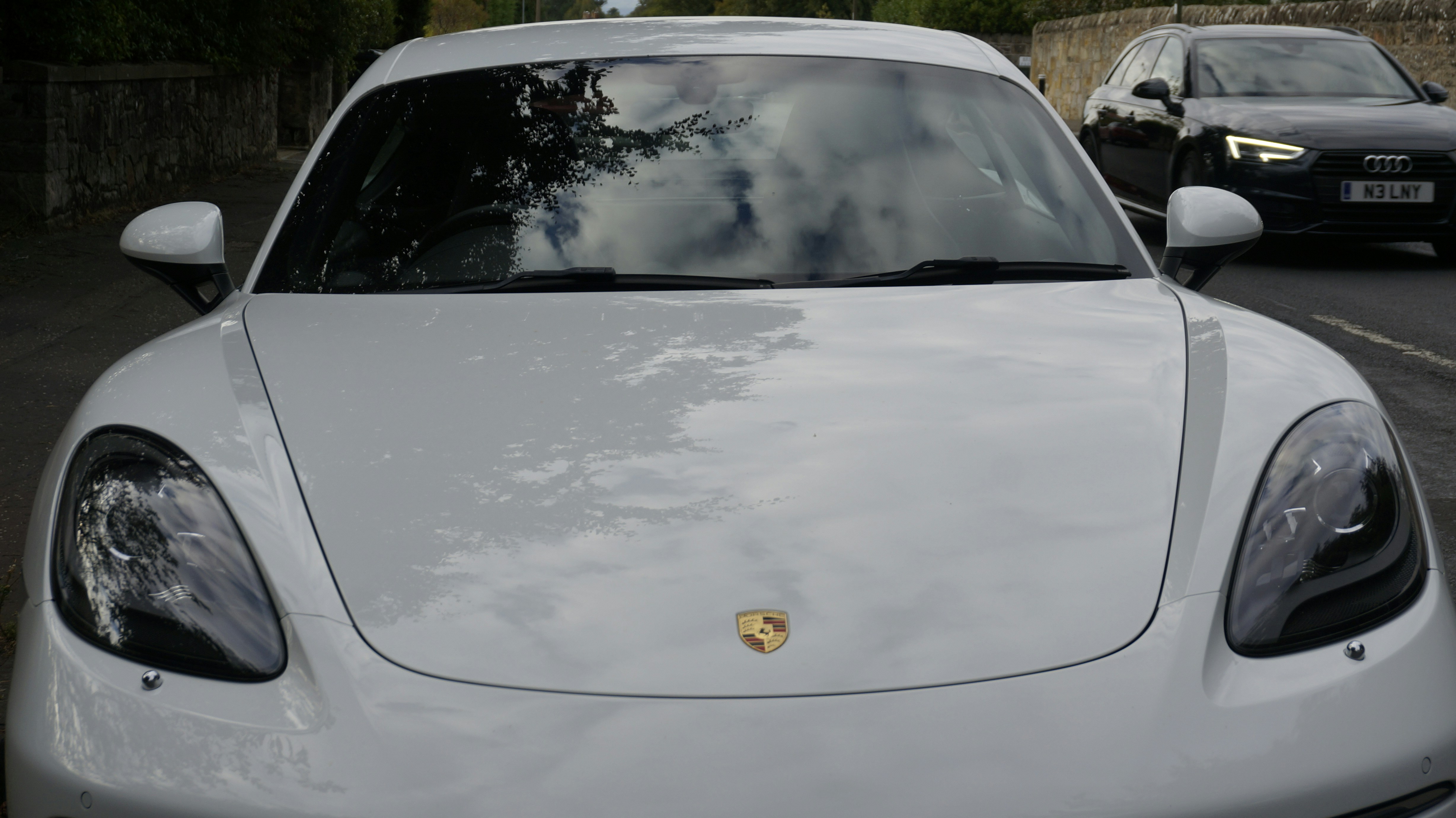Centered Crest: White Porsche Hood Reflecting a Quiet Forest