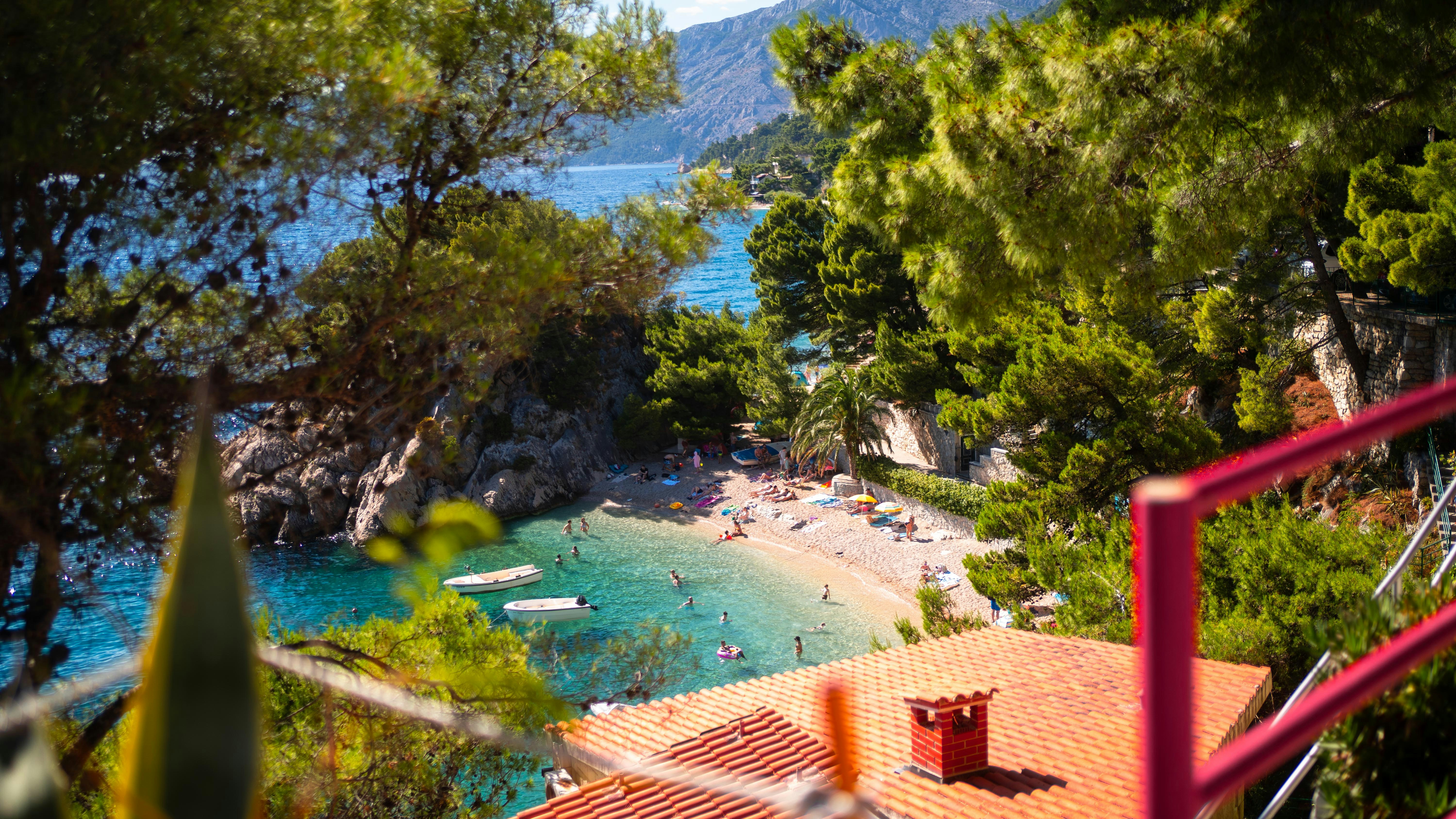 Beautiful hidden beach on the Adriatic coast with turquoise water, golden sand, and lush green pine trees. People relax under colorful umbrellas and swim in the clear sea, creating the perfect summer holiday atmosphere. A scenic Mediterranean travel destination with natural beauty and crystal-clear waters. | Tropical beach with clear blue water and green trees