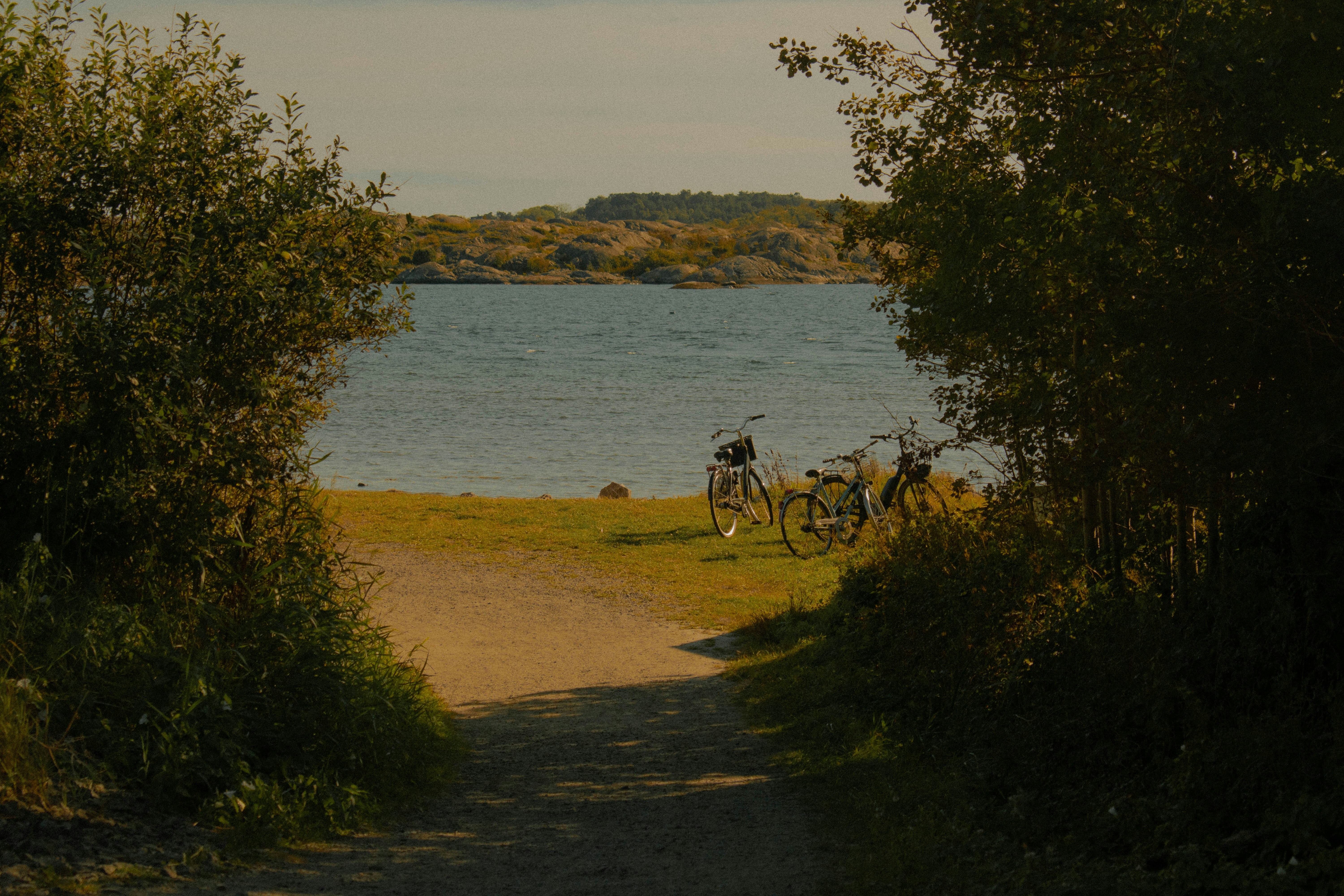 Two bicycles parked near a serene lake shore.
