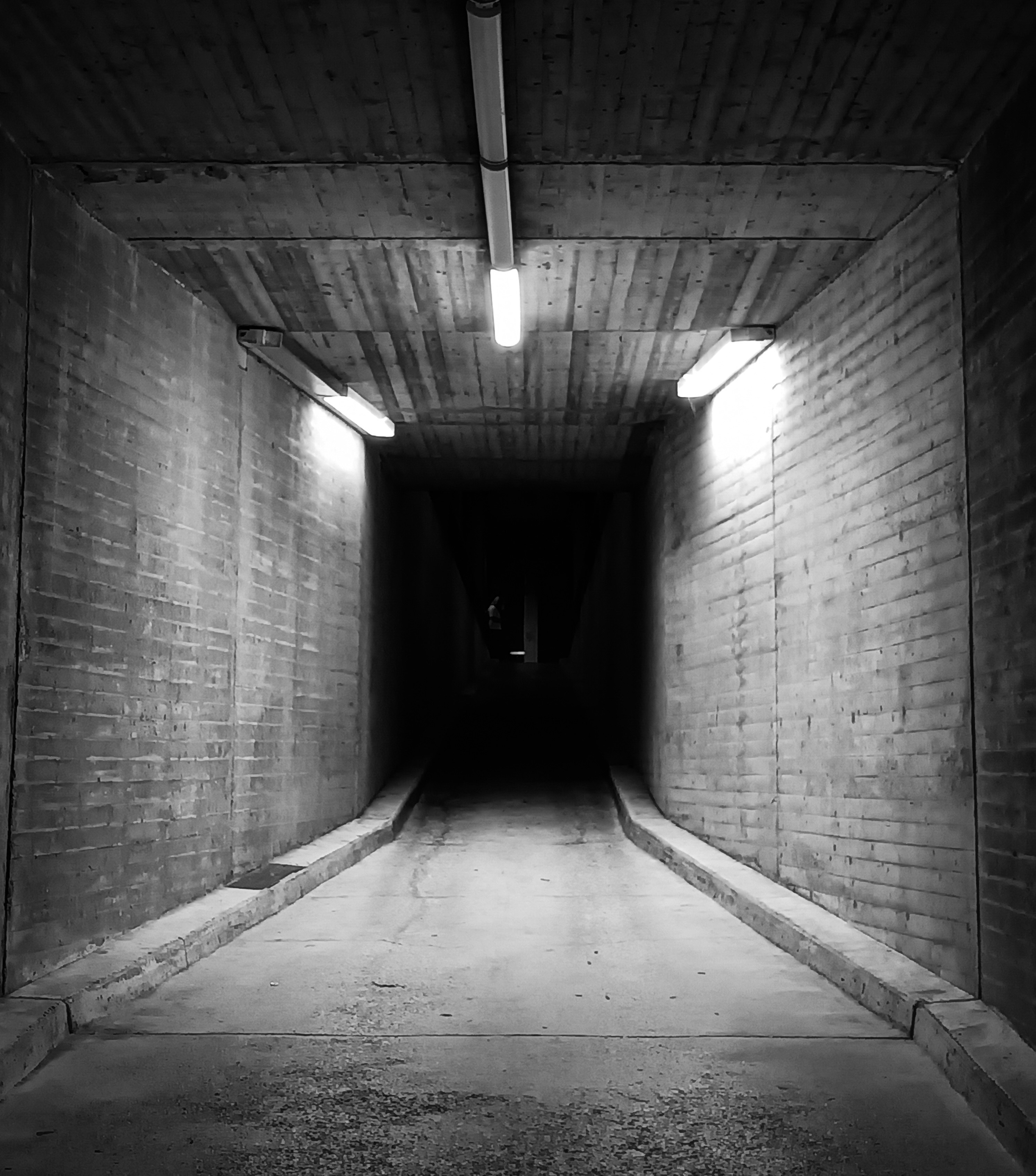 Concrete tunnel with overhead lights leading to darkness