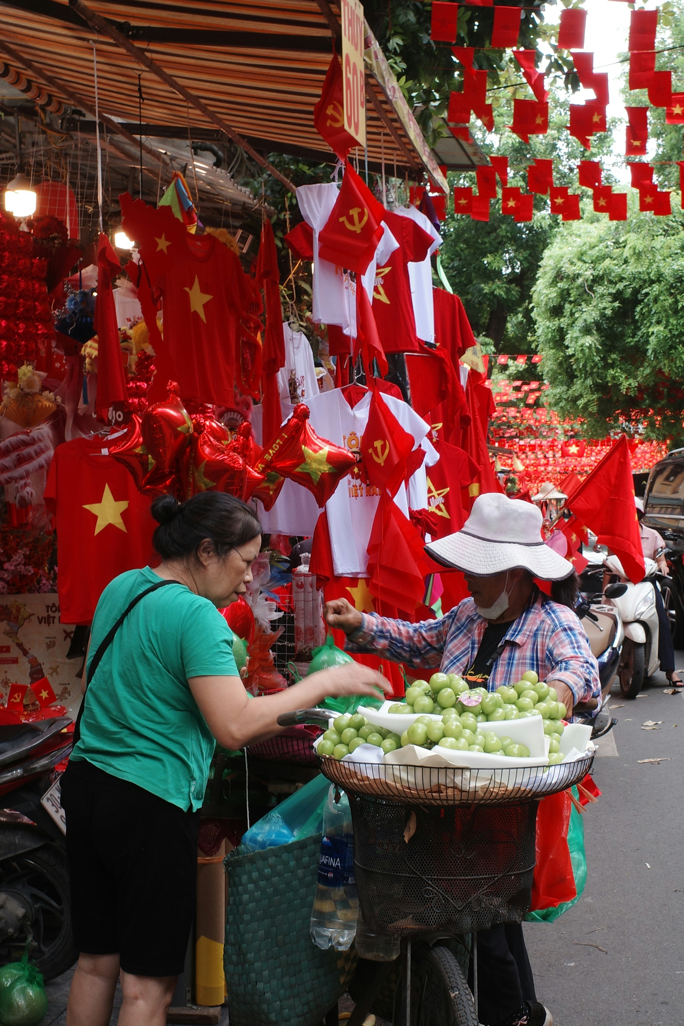 Vibrant Market Exchange Amidst Festive Colors
