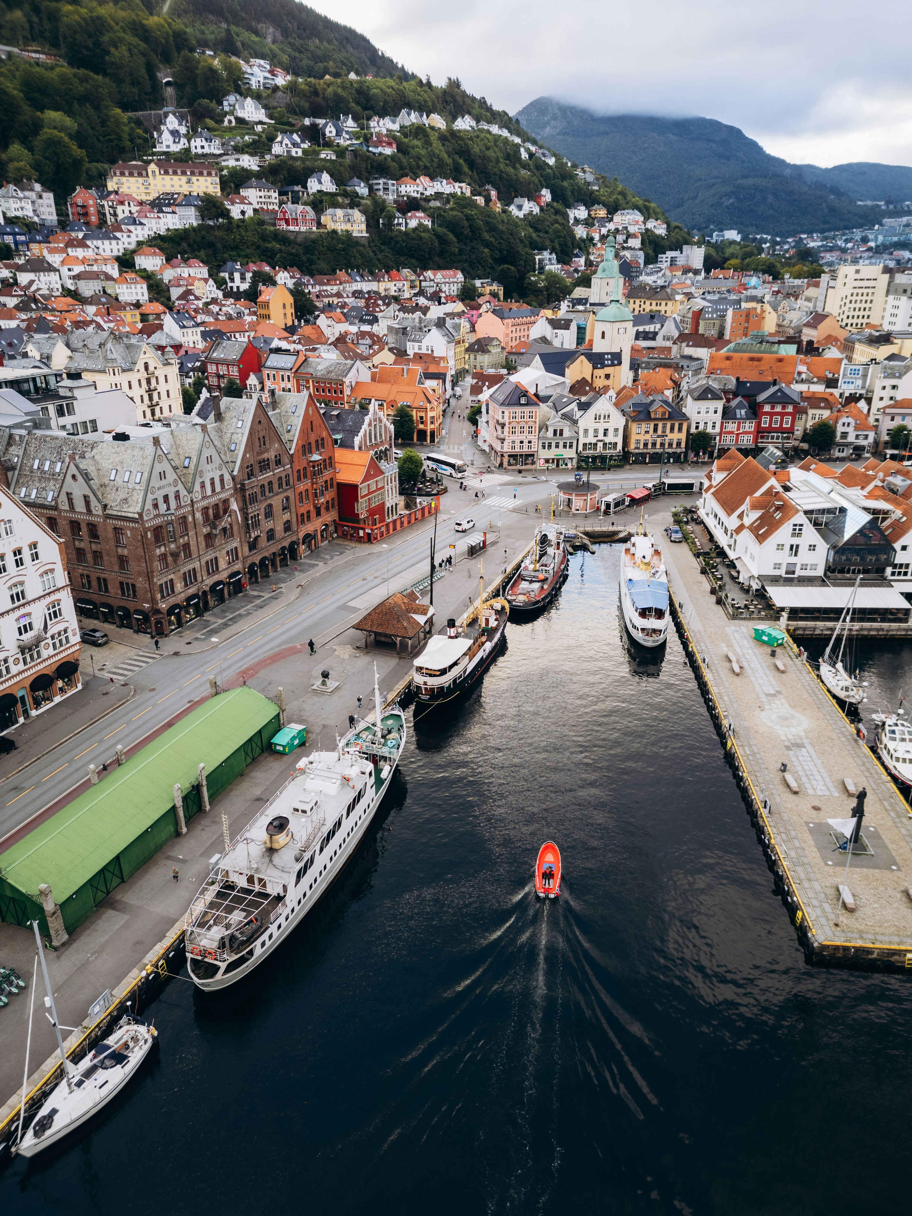 Harbor Vistas: Aerial Sweep Over a Historic Norwegian Waterfront