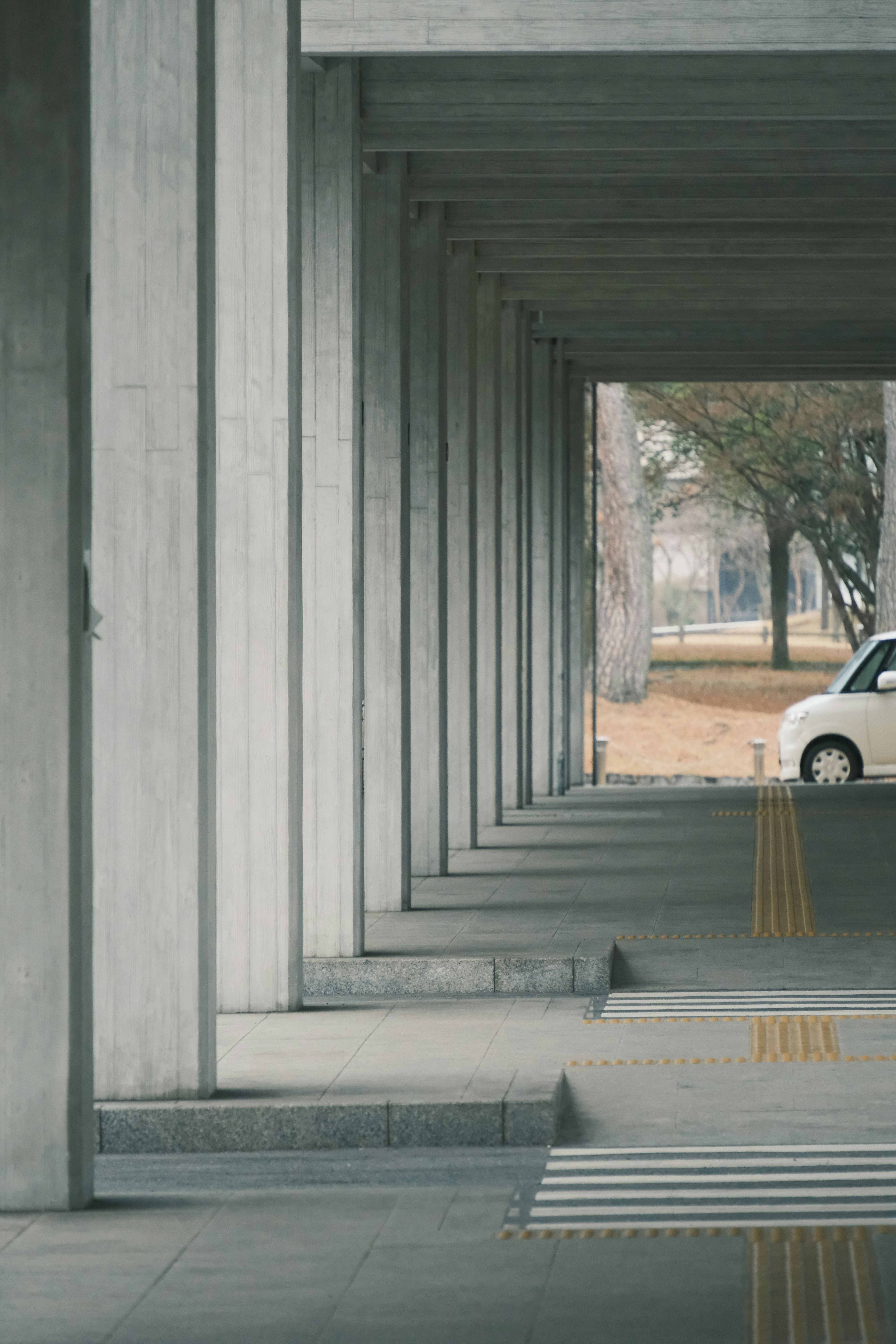 Modern architectural colonnade with a white car.