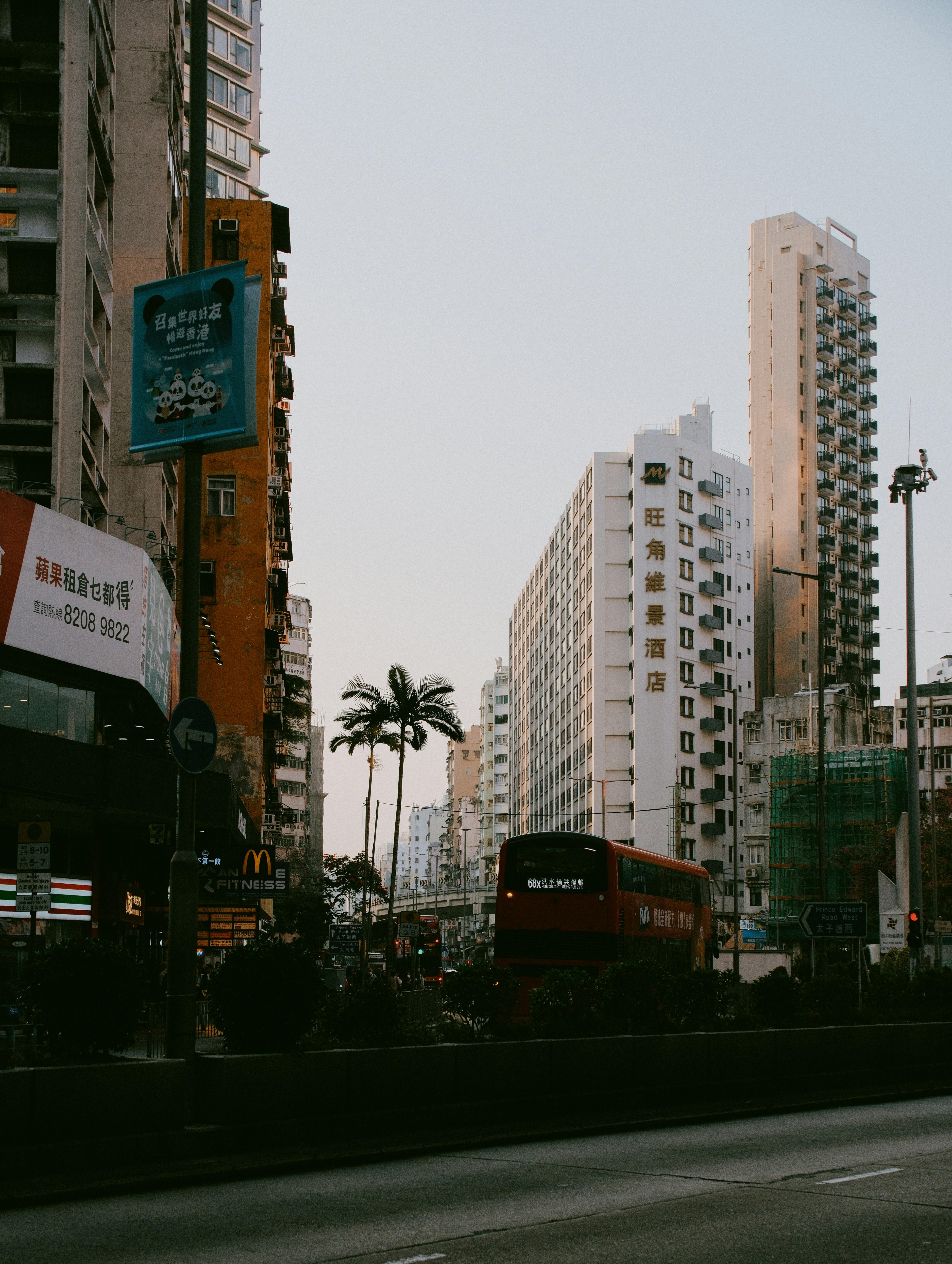 Red double-decker bus on city street with tall buildings