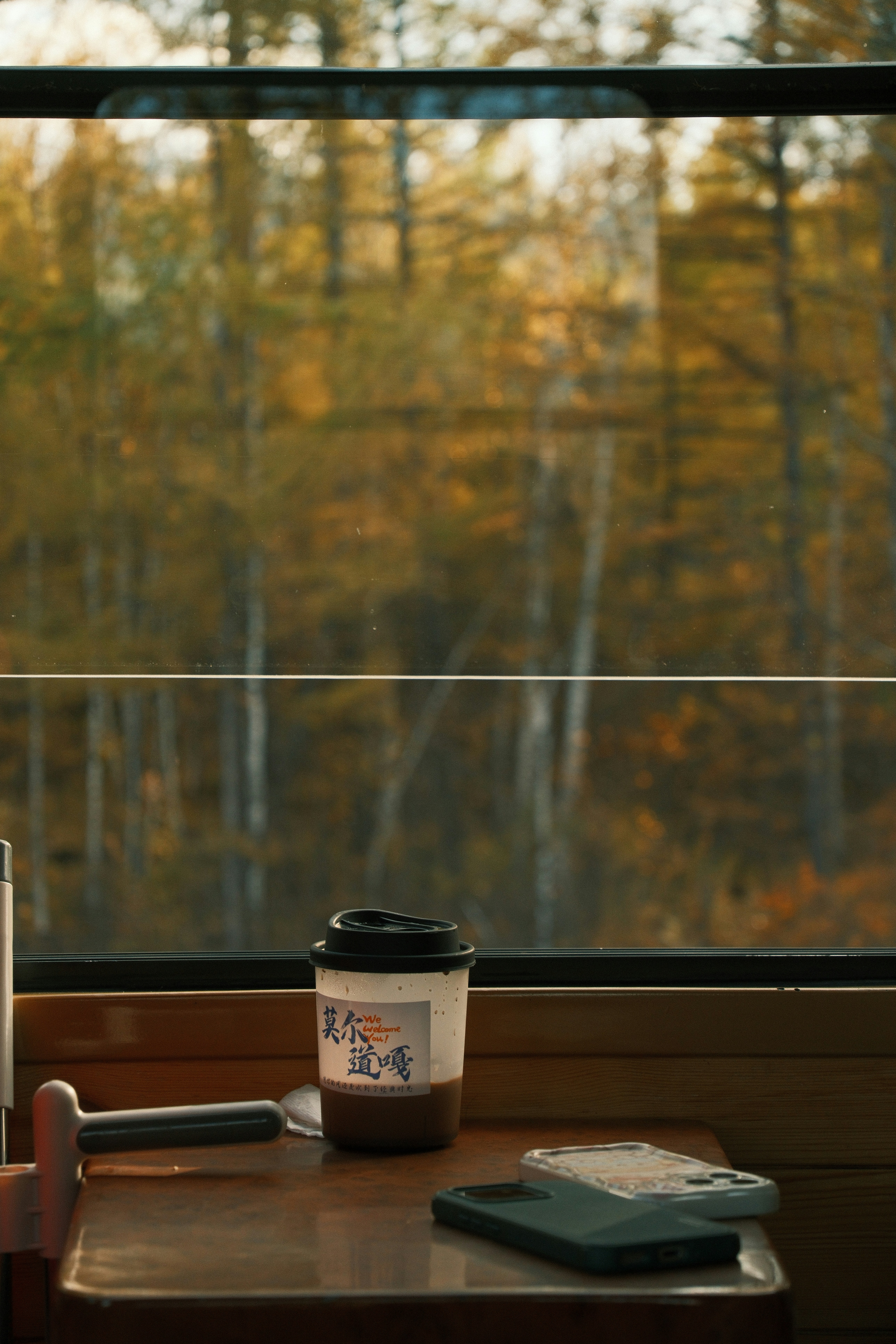 A cozy scene featuring a coffee cup and smartphone on a wooden table, framed by a window showcasing a vibrant autumn landscape.