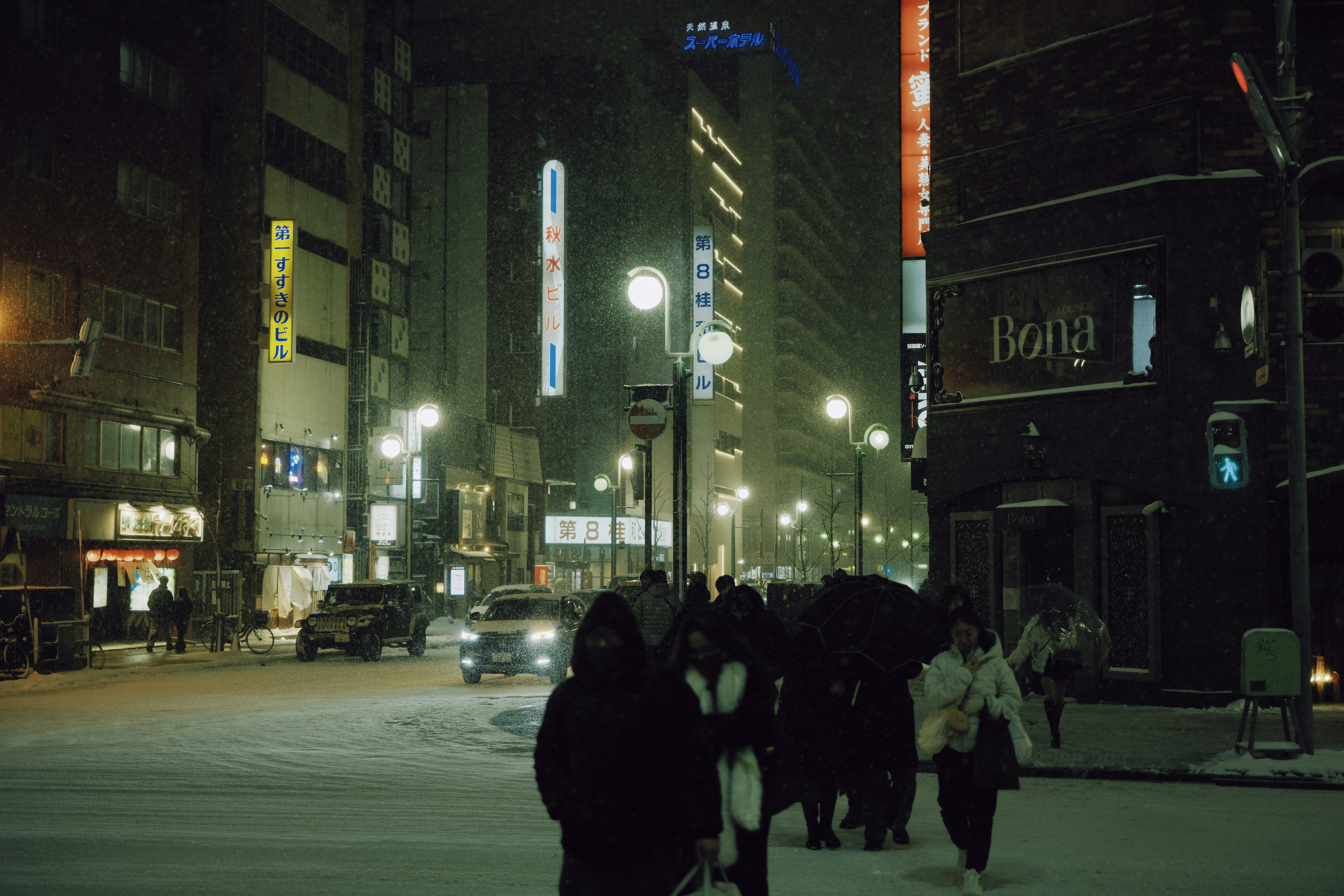 Snowy Night in Sapporo | City street at night with snow and people walking