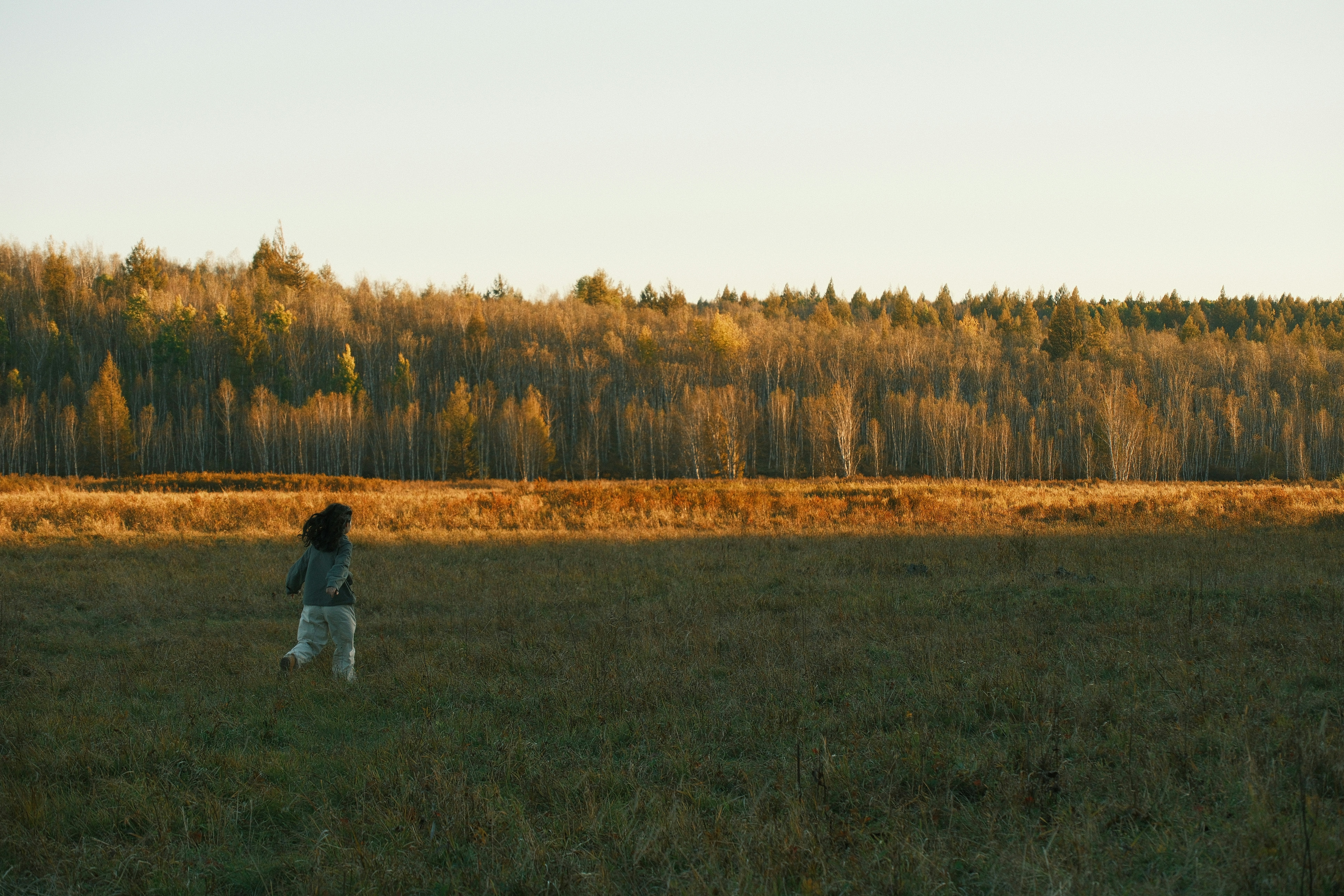 Woman walking through a grassy field at sunset.