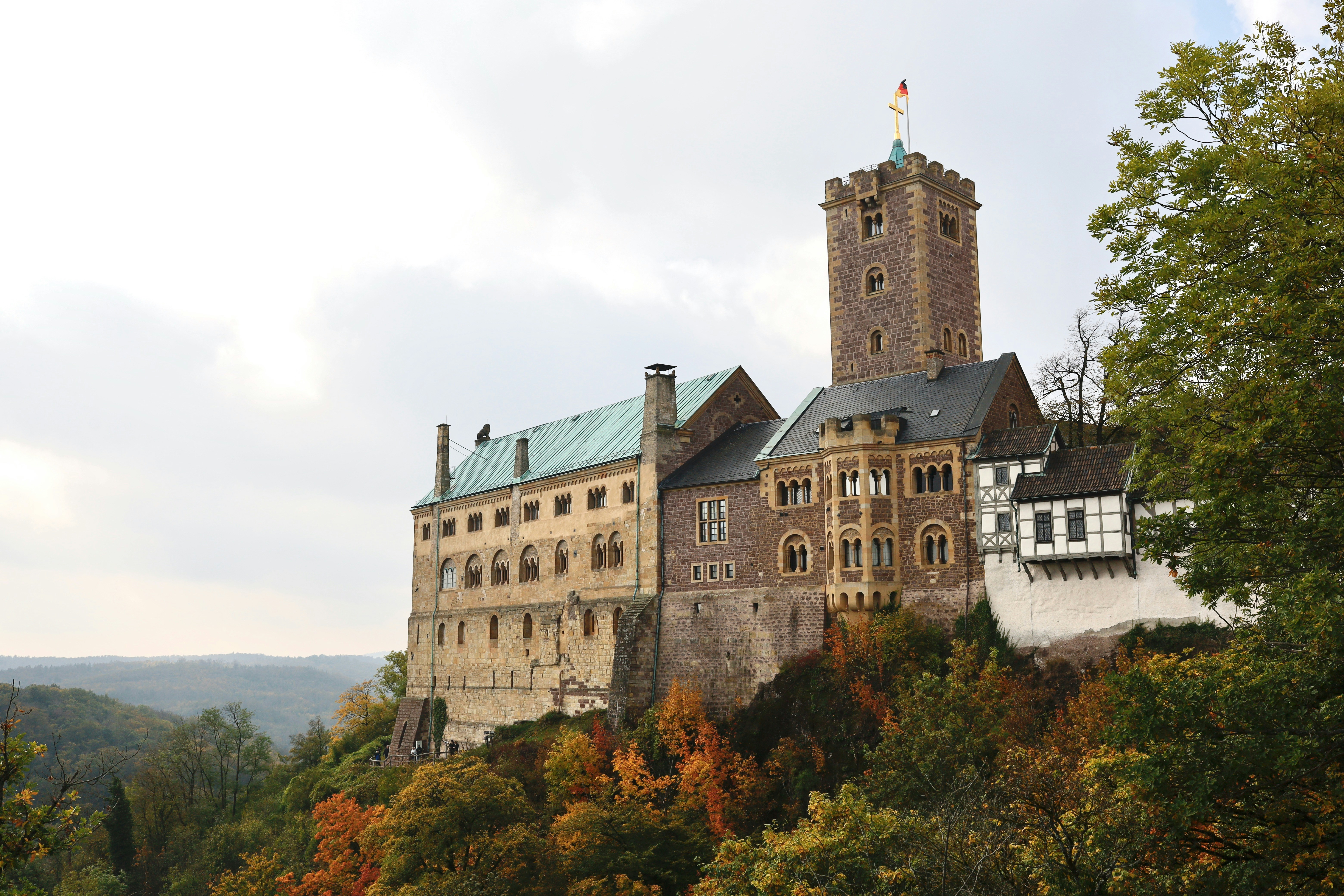 Historic castle perched on a hill surrounded by trees.