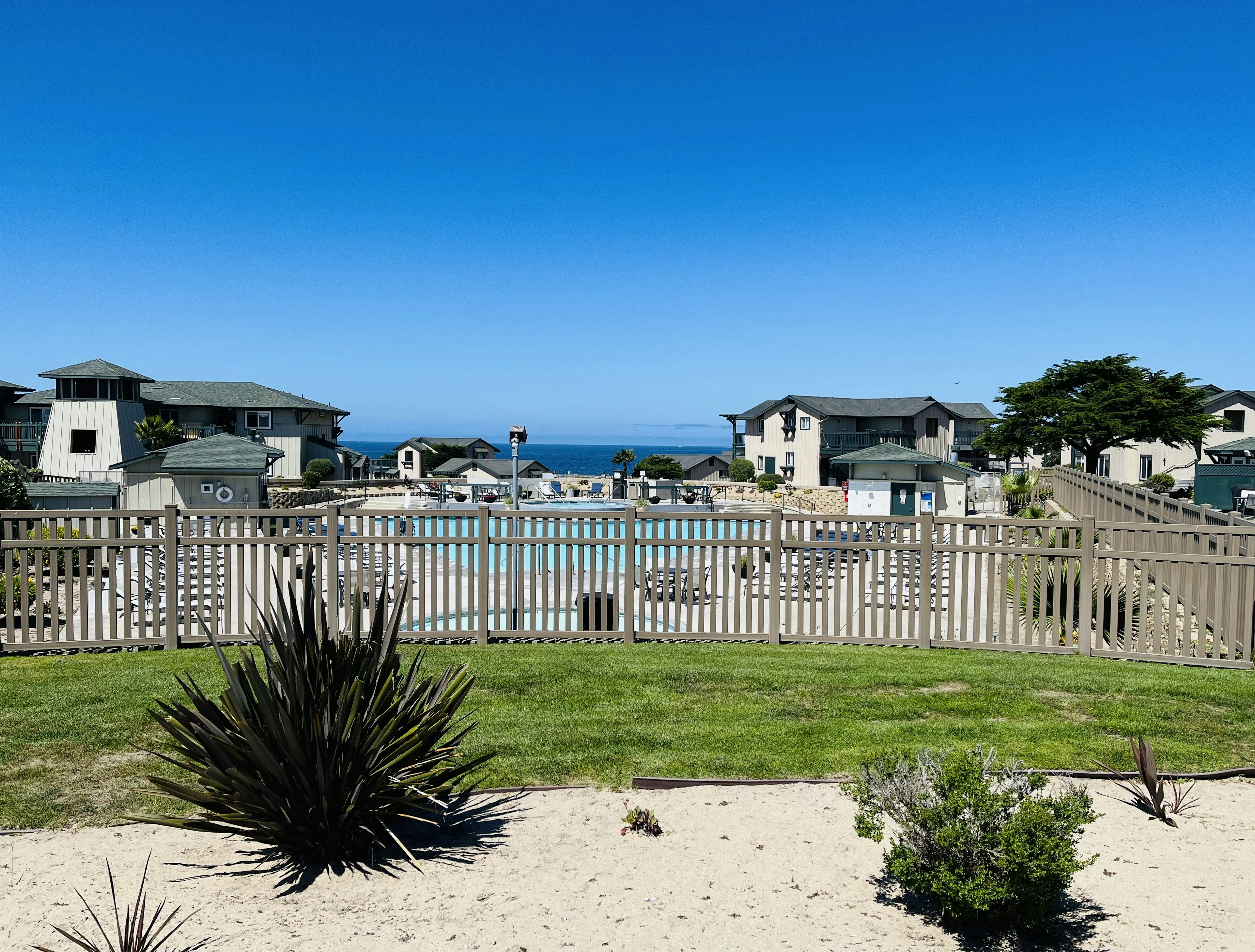 Resort buildings and pool with ocean view