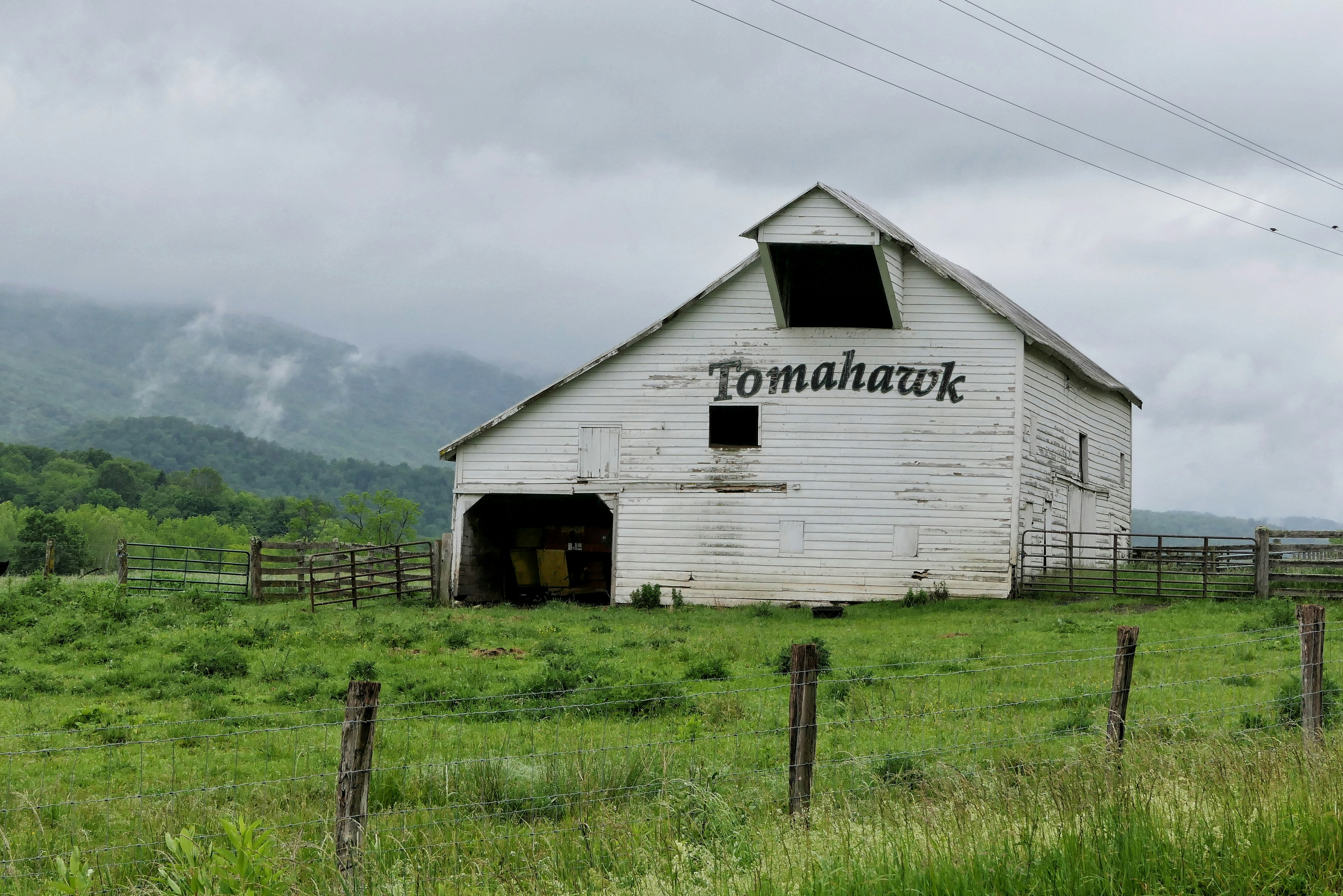 old barn in foggy farm field | White barn with "tomahawk" in a grassy field.