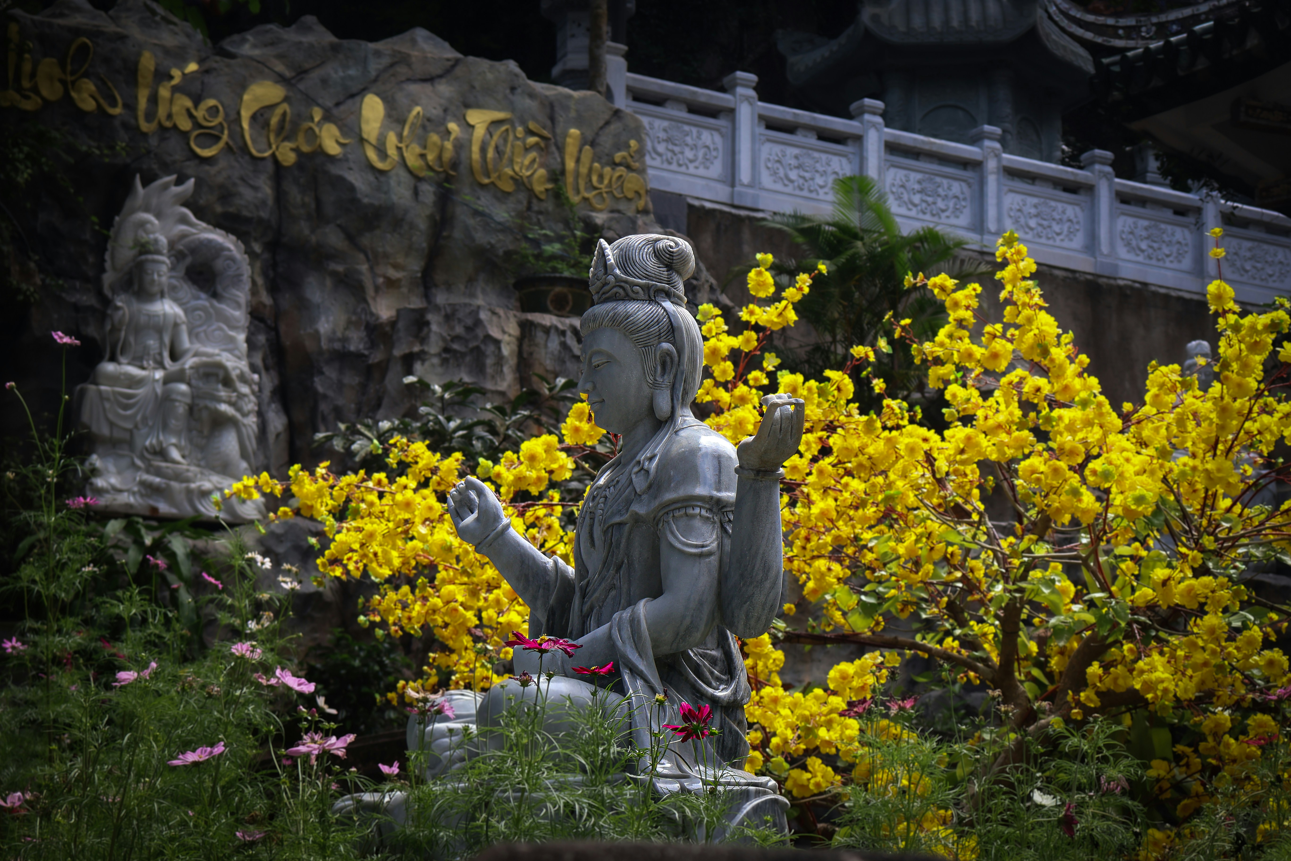 Stone statue amidst blooming yellow flowers near temple