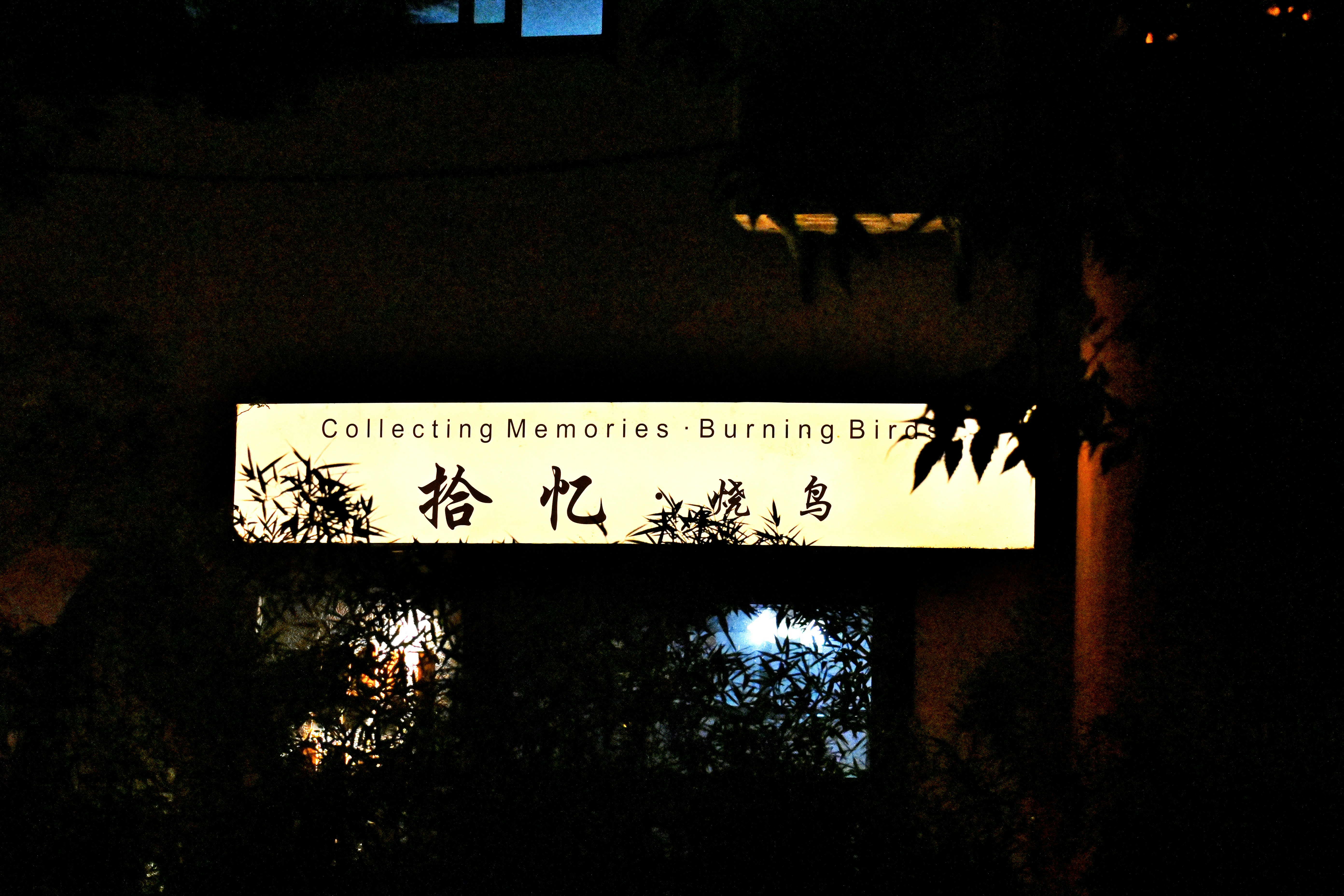 Illuminated sign with chinese characters at night.