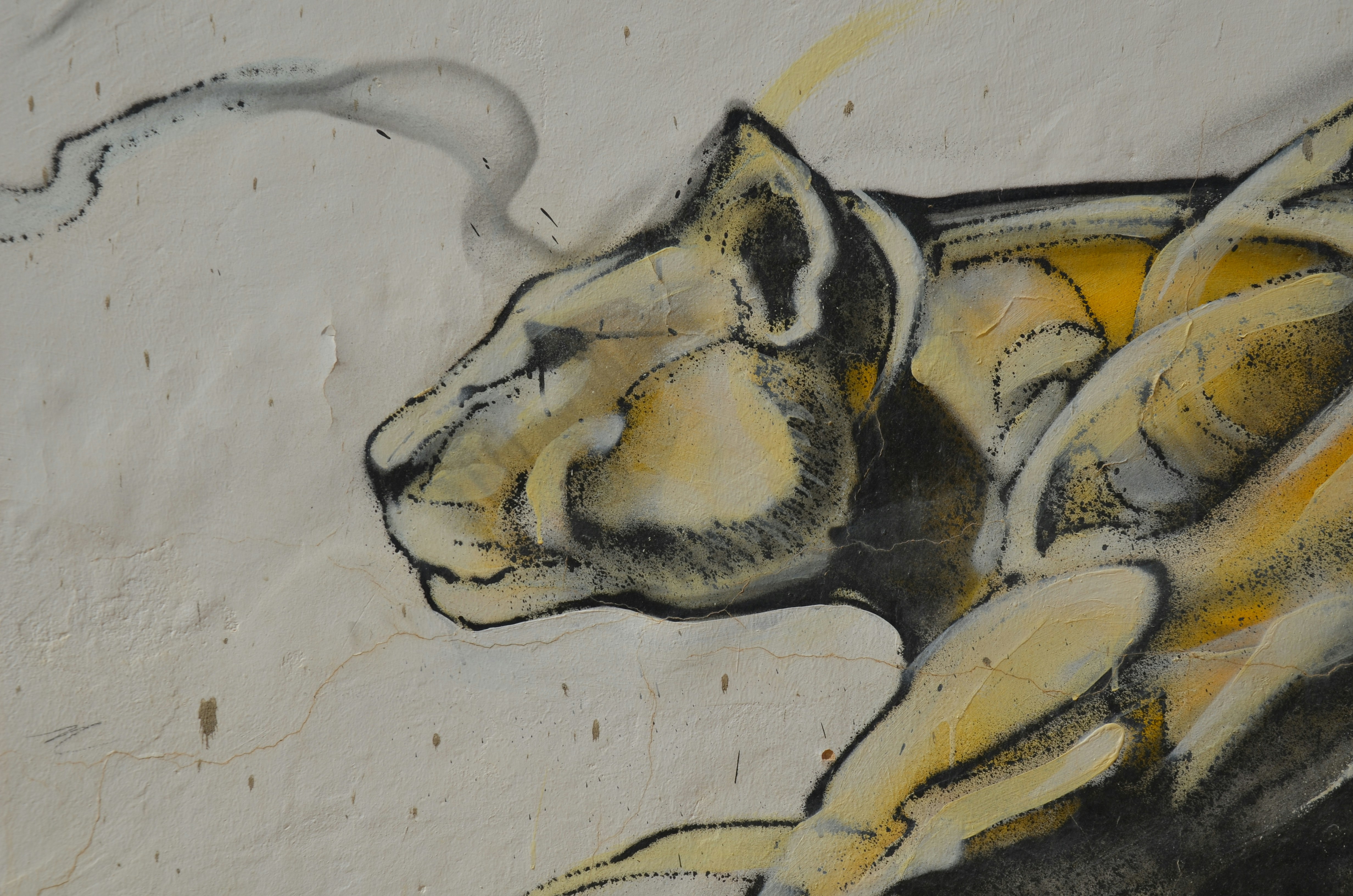 A dynamic mural featuring a stylized feline in motion, showcasing intricate details and vibrant colors on a textured surface.