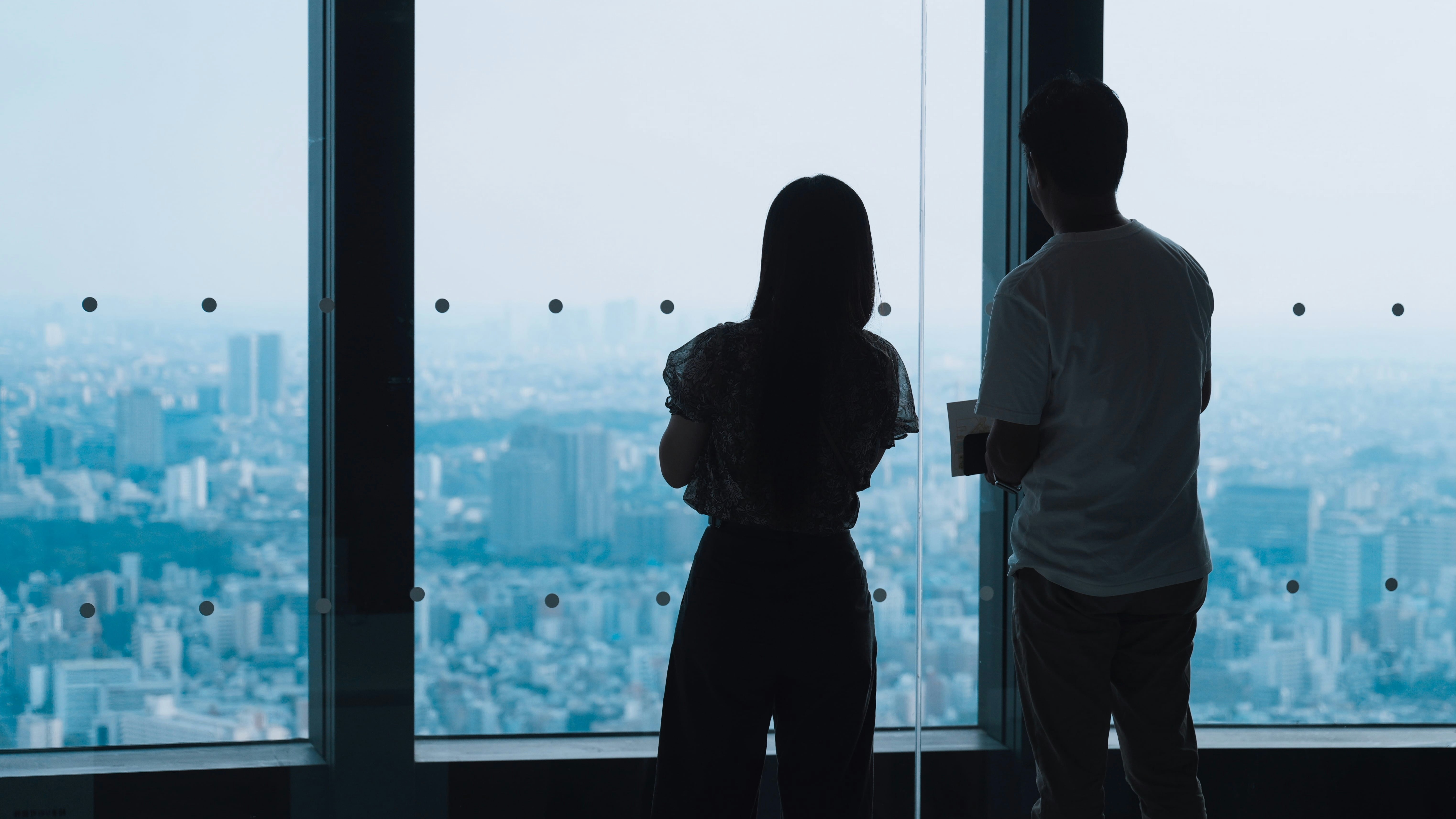 A soft-focus, interior shot of two people in silhouette, standing near a large window and looking out at a sprawling cityscape. The scene has a calm, introspective mood, with the city's hazy urban sprawl visible in the background and natural light filtering in, highlighting the figures' outlines. | Two people looking out a window at city