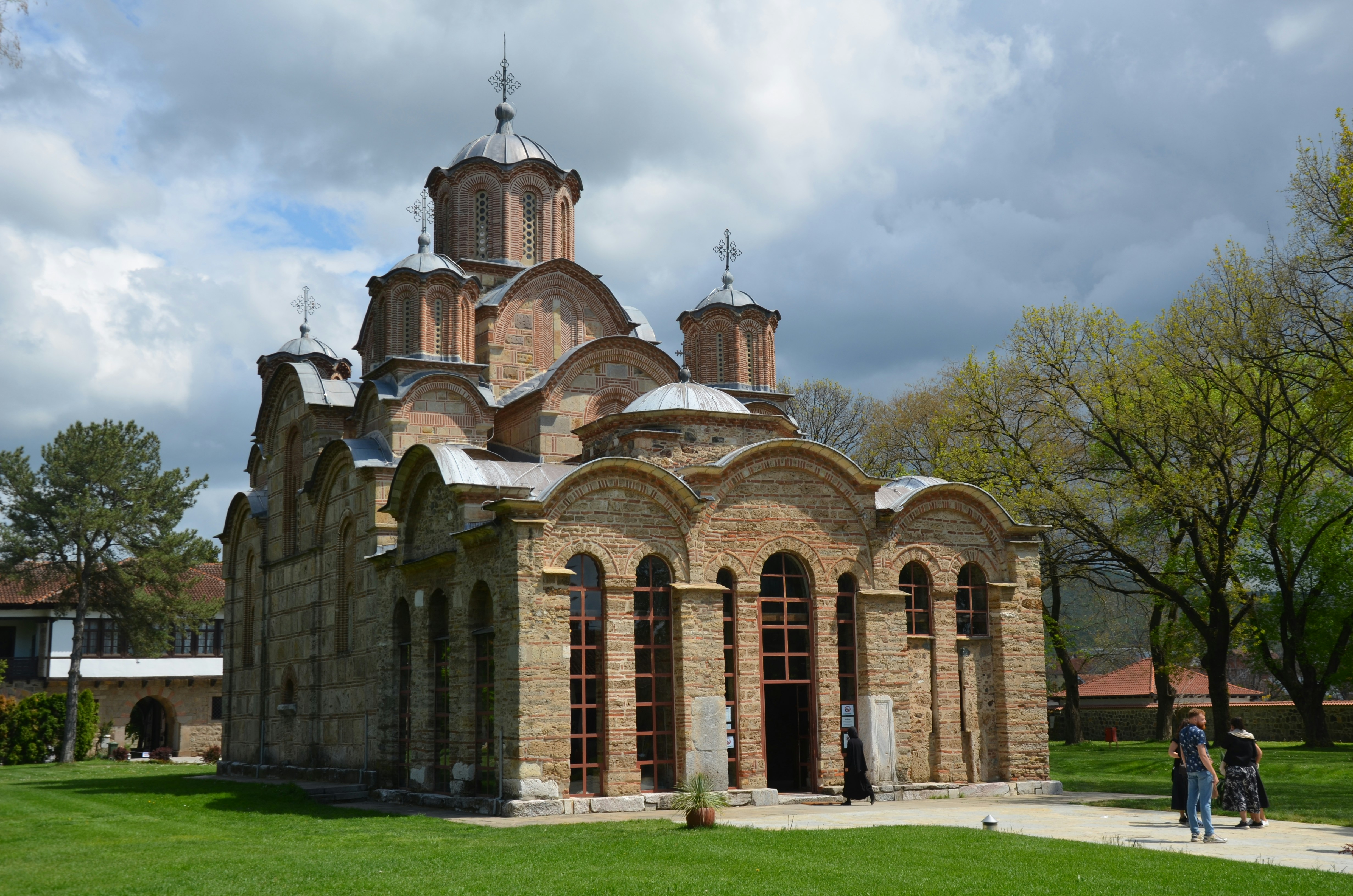 Ornate byzantine-style church with multiple domes and arches