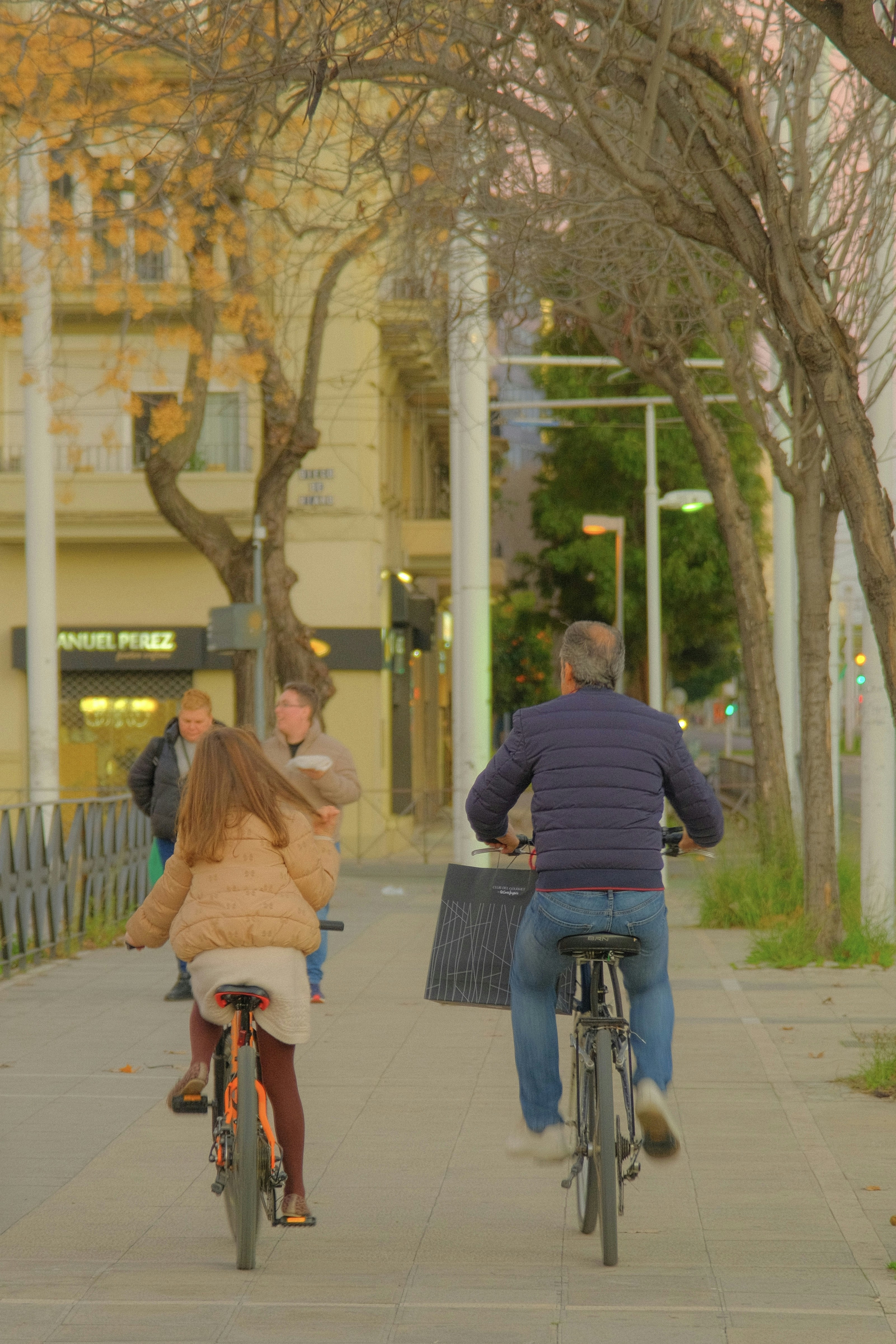 People cycling on a paved sidewalk lined with trees.