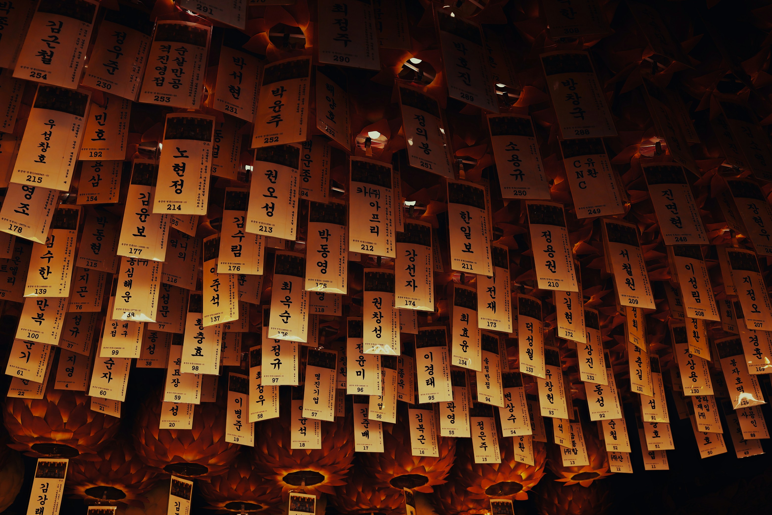 Many hanging lanterns with writings in a temple.