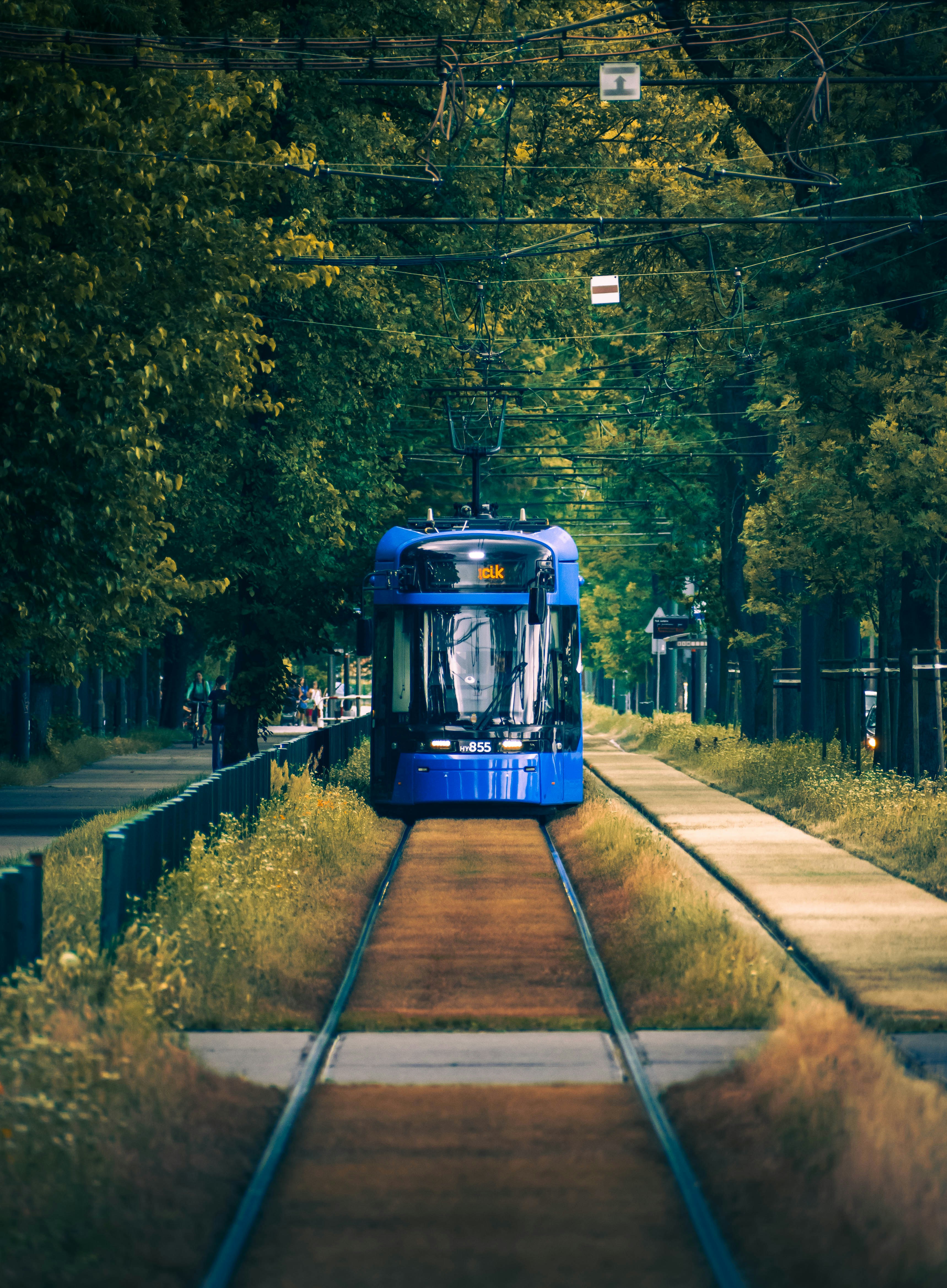 A blue tram on tracks surrounded by trees.