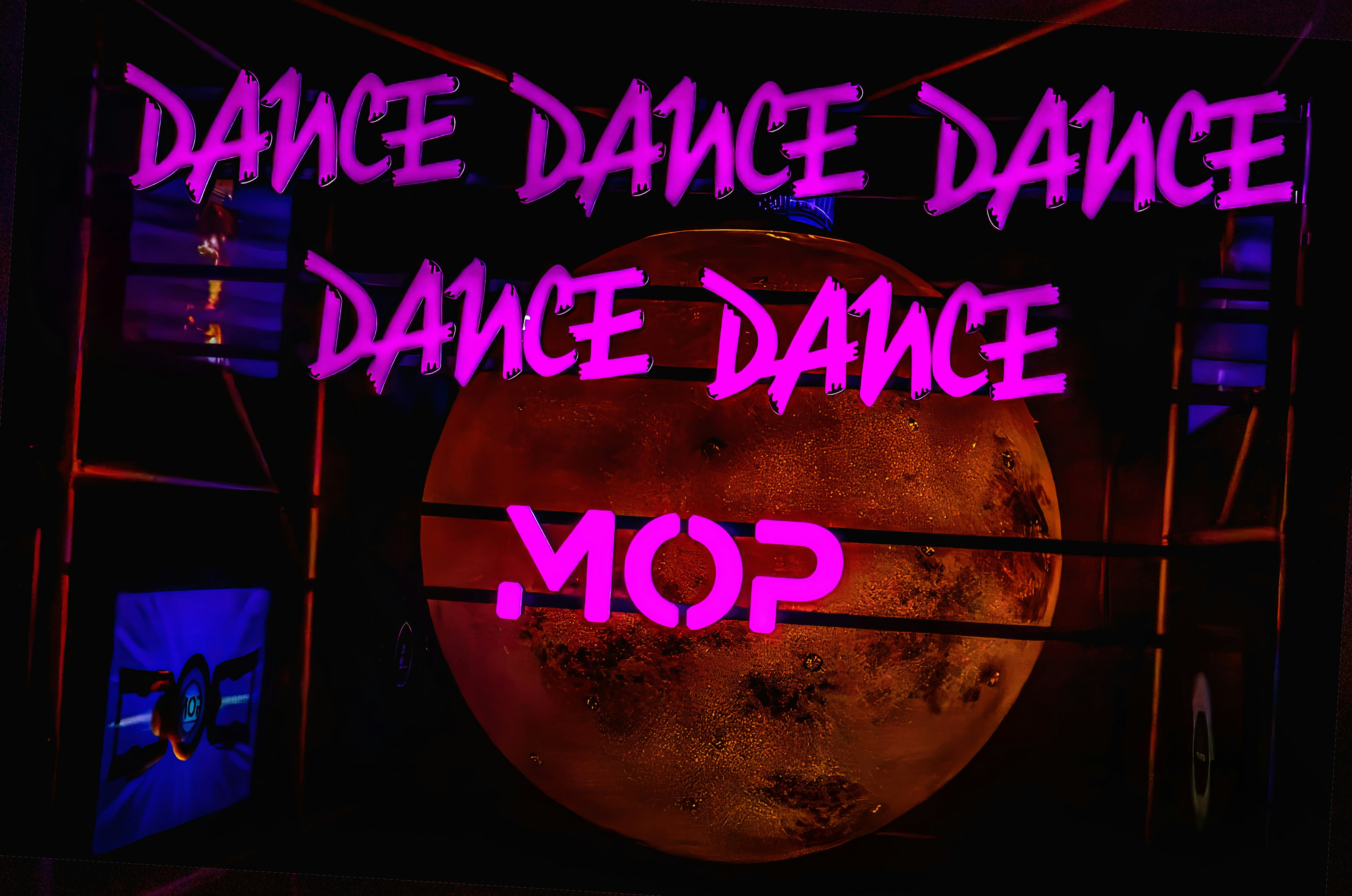 Vibrant neon text spells 'DANCE' against a cosmic backdrop, featuring a stylized planet and logo. The design evokes a lively atmosphere.