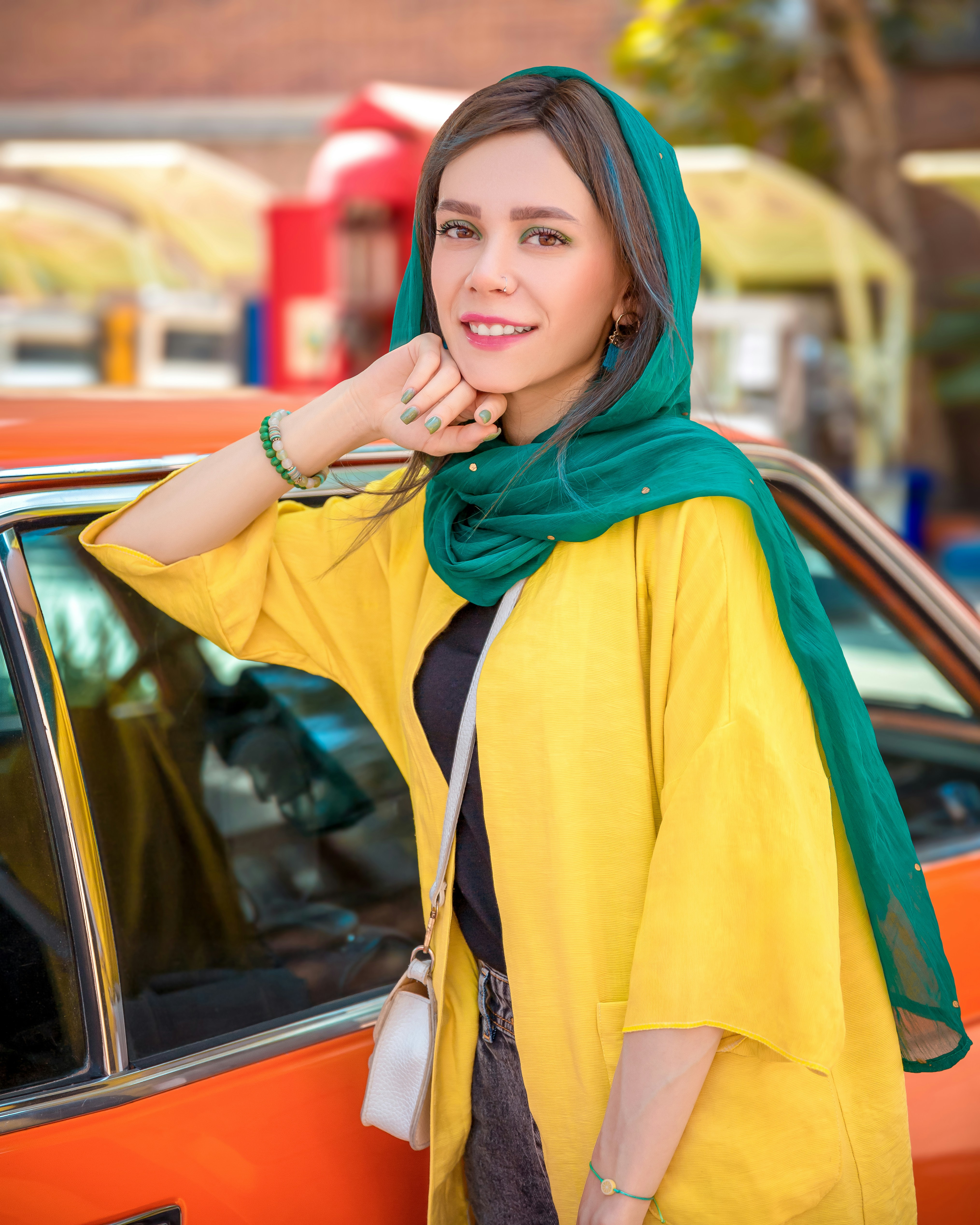 A Vibrant Encounter: Urban Elegance Amidst Colorful Chaos