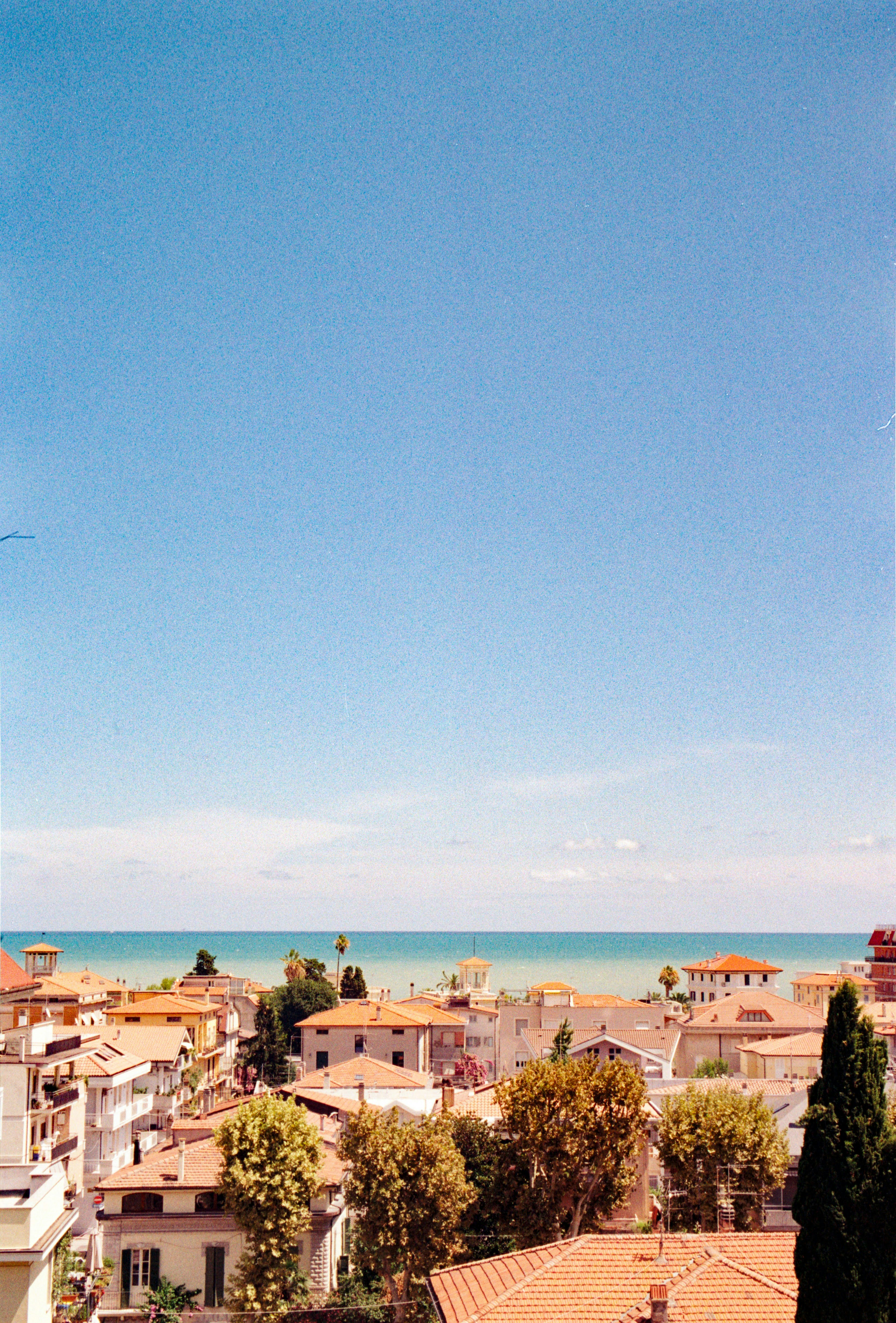 Rooftops of a coastal town with the ocean beyond