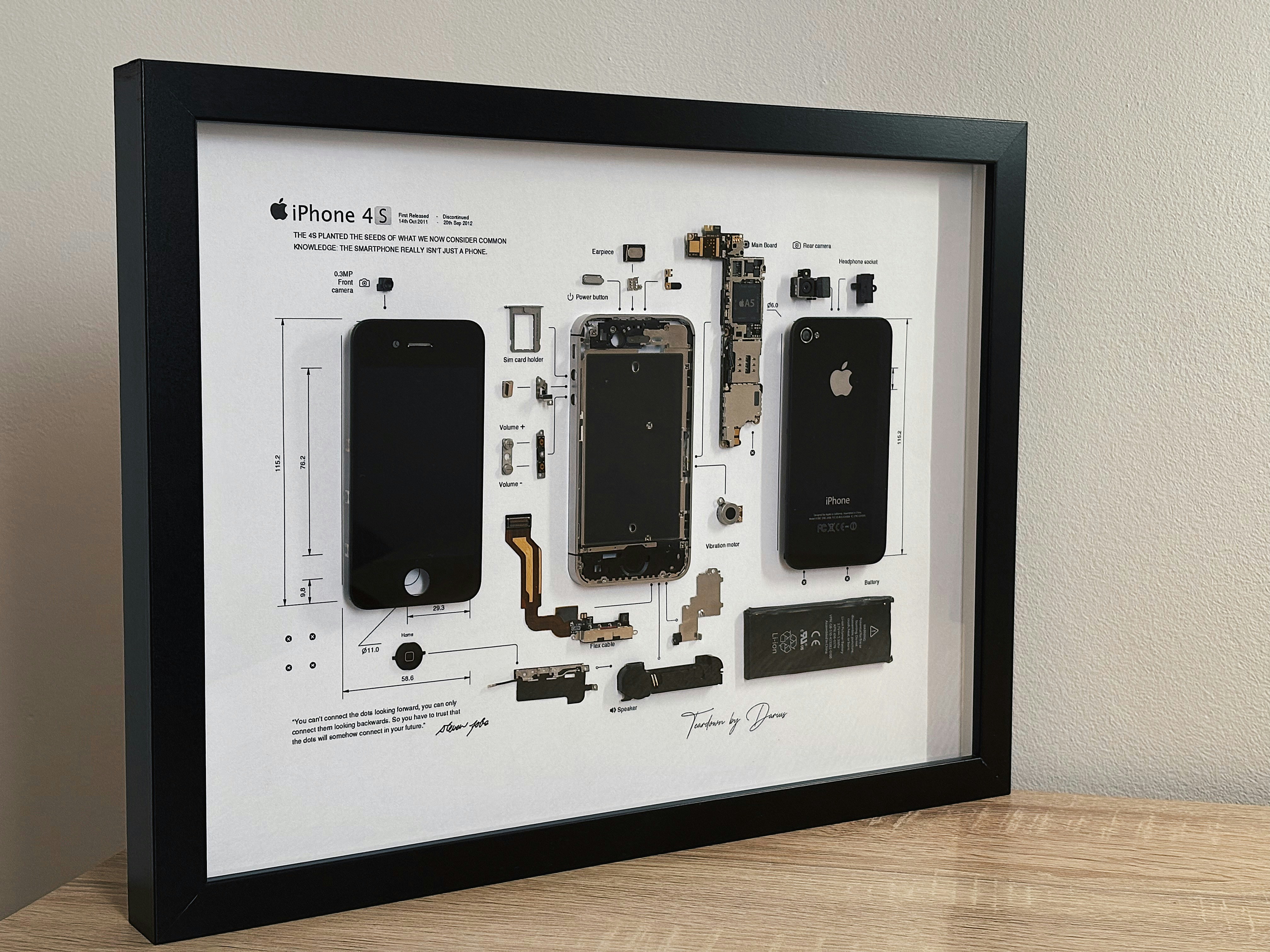 Framed iPhone 4s disassembled components with schematic diagram. photo ...