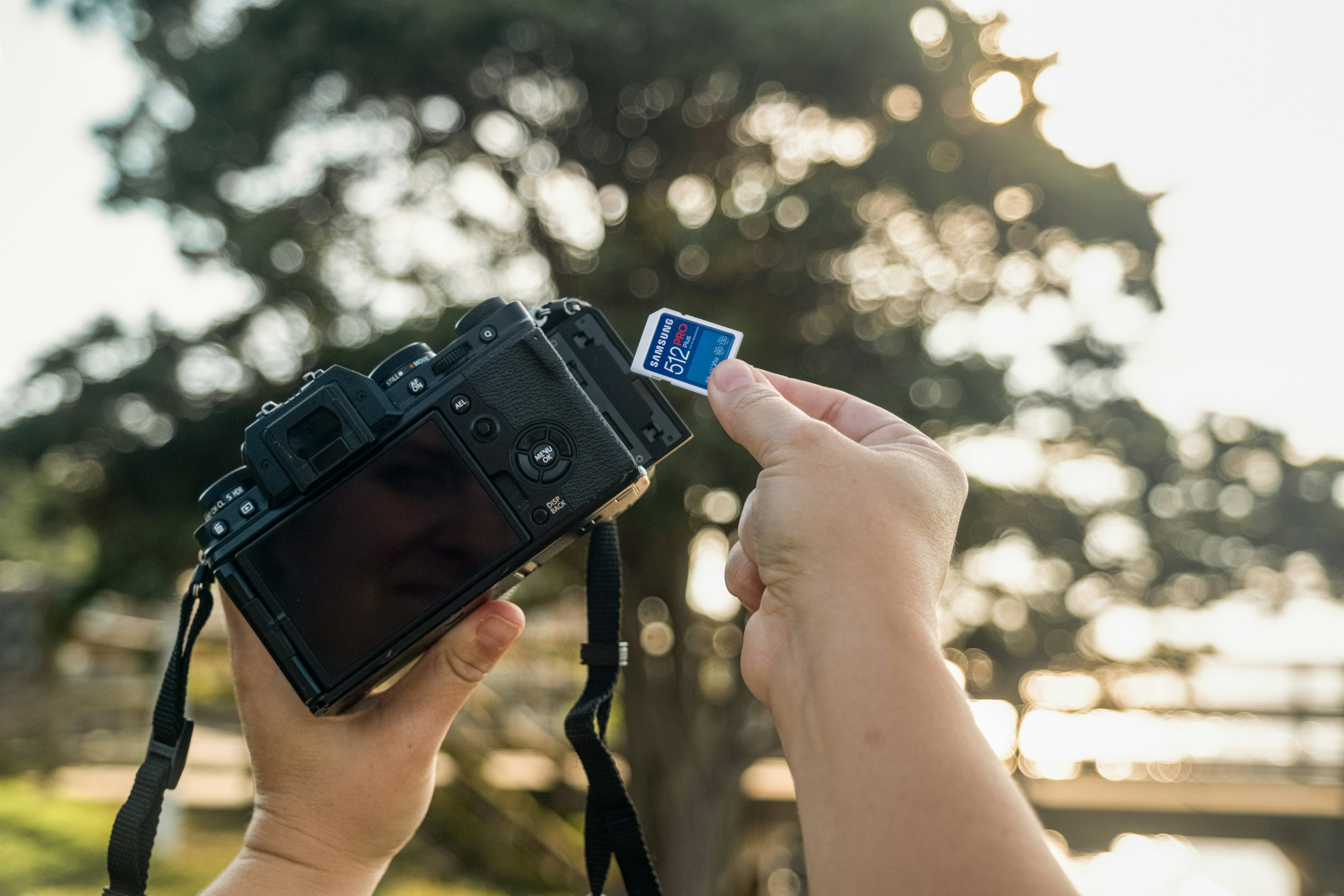 Manos insertando la tarjeta de memoria en la cámara digital foto ...