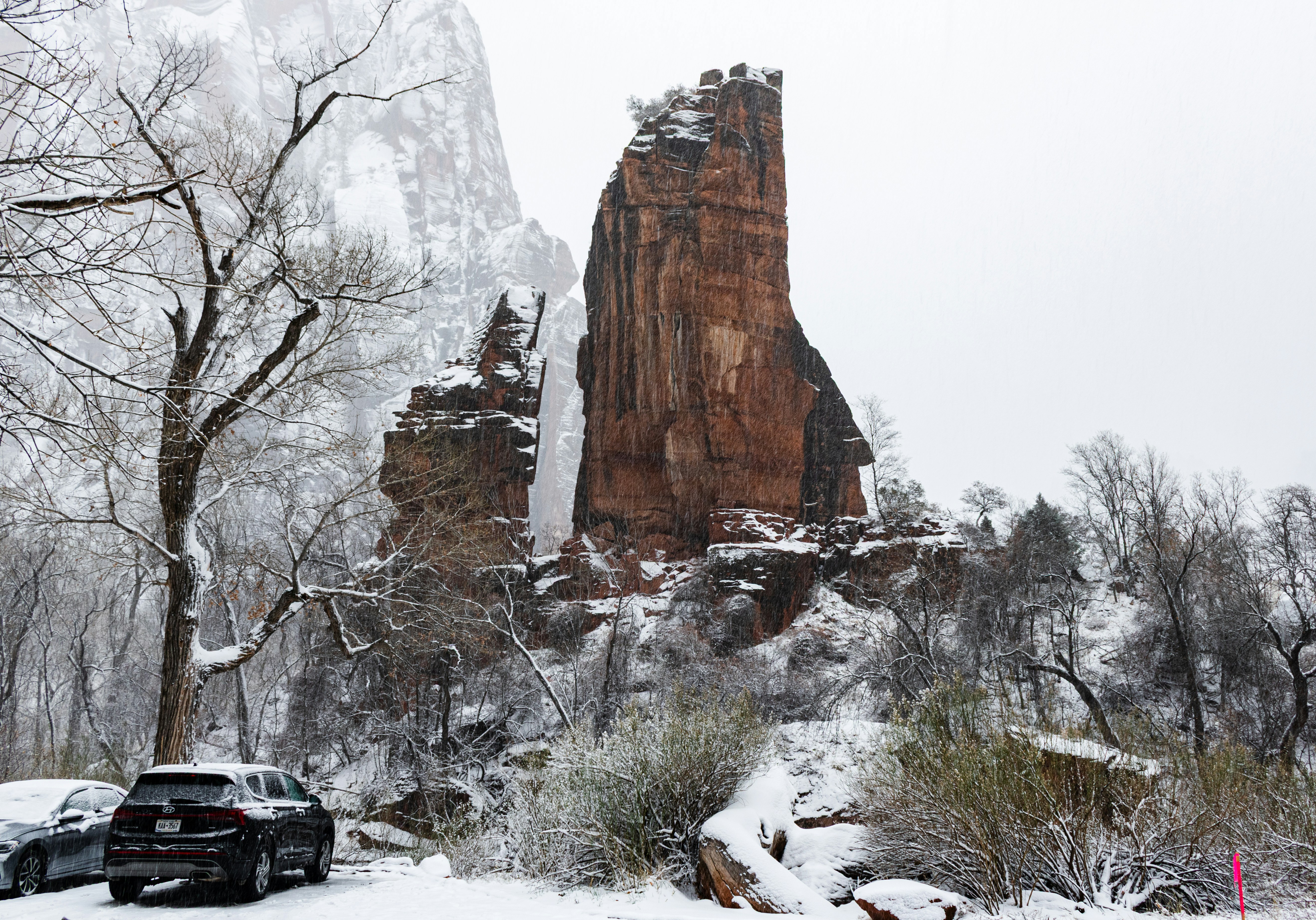 Crimson Spire Rising Through Snow: A Quiet Winter Landscape