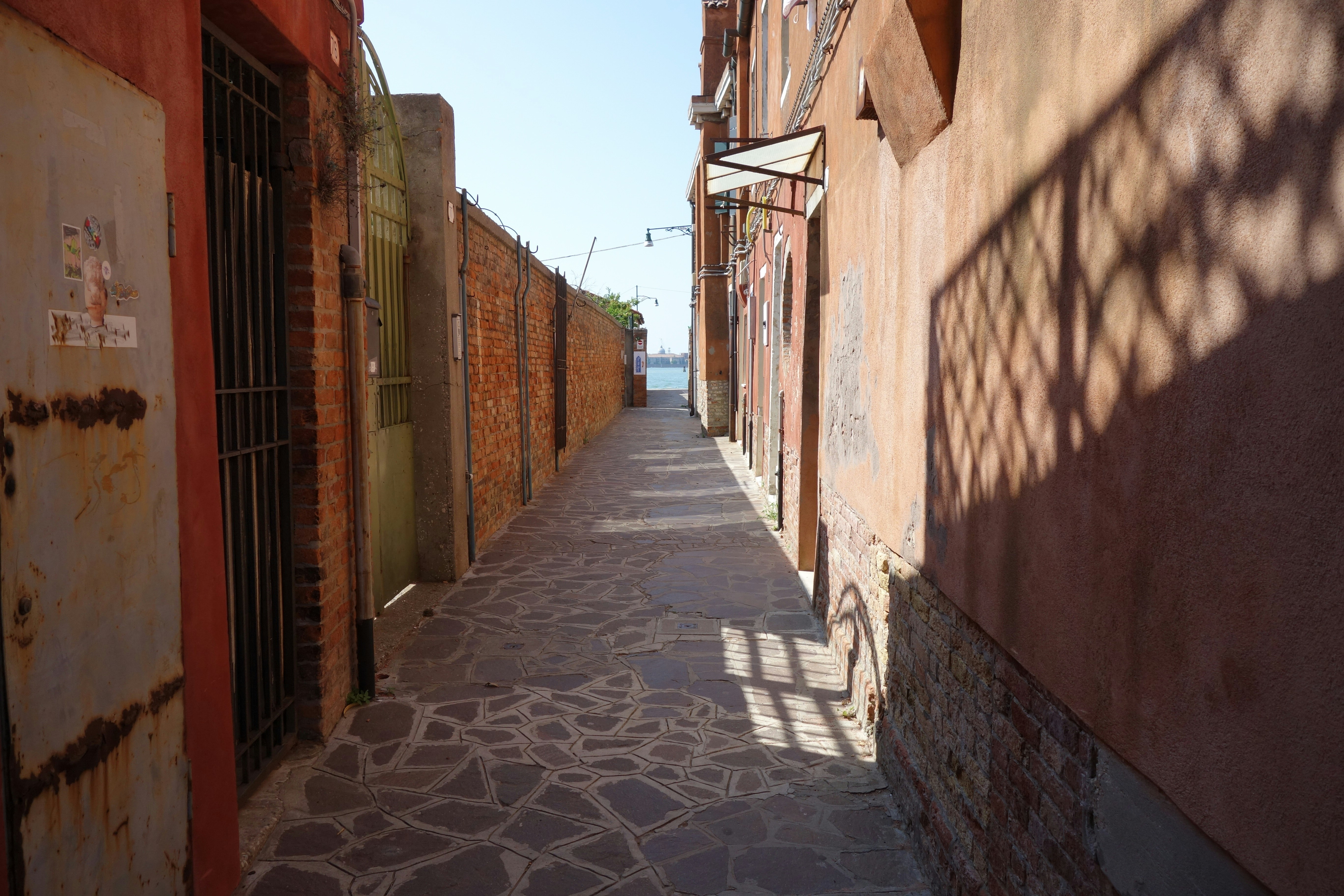 Narrow cobblestone alleyway with shadows on walls.