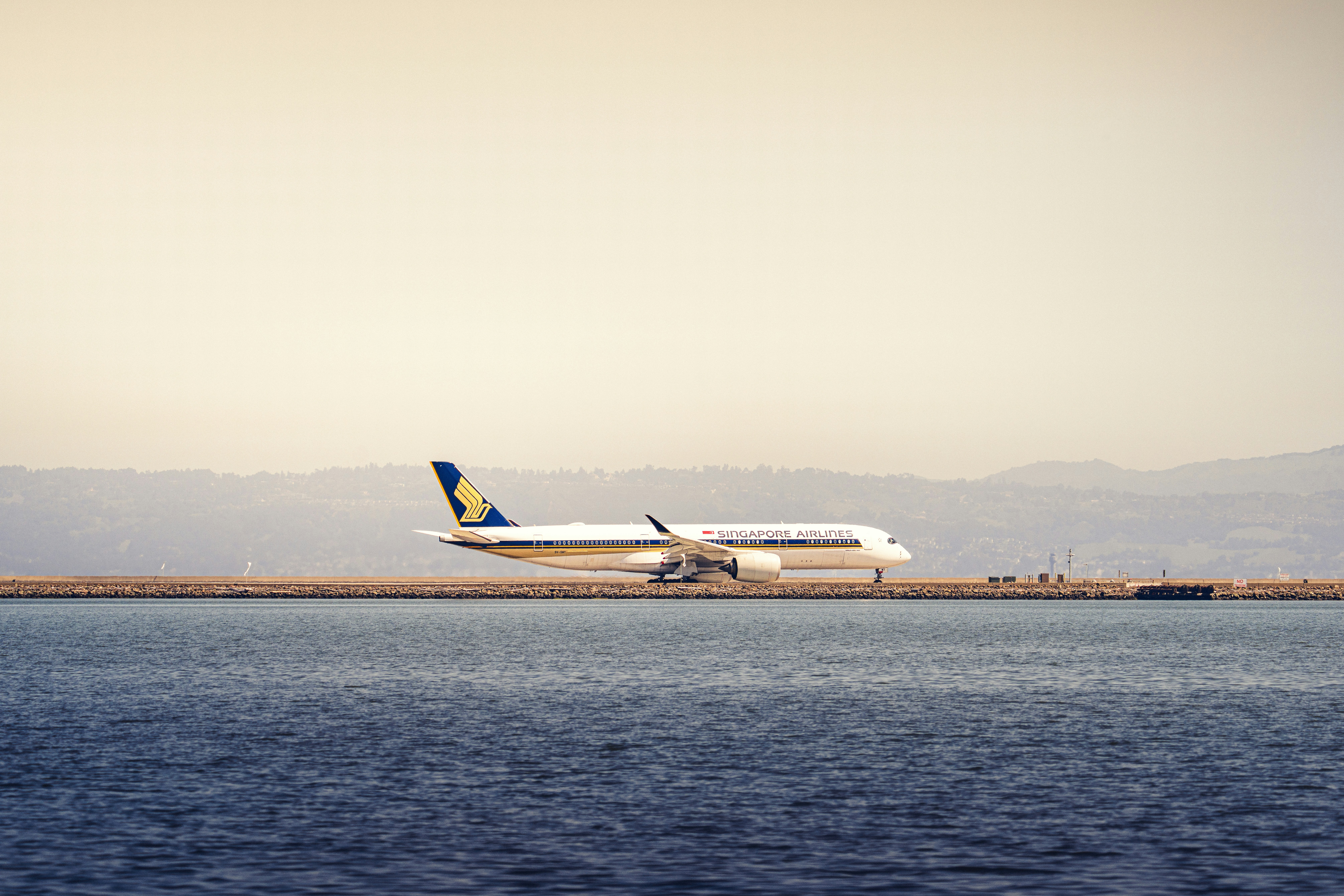Harborline Approach: A lone airliner glides along a sea-facing runway