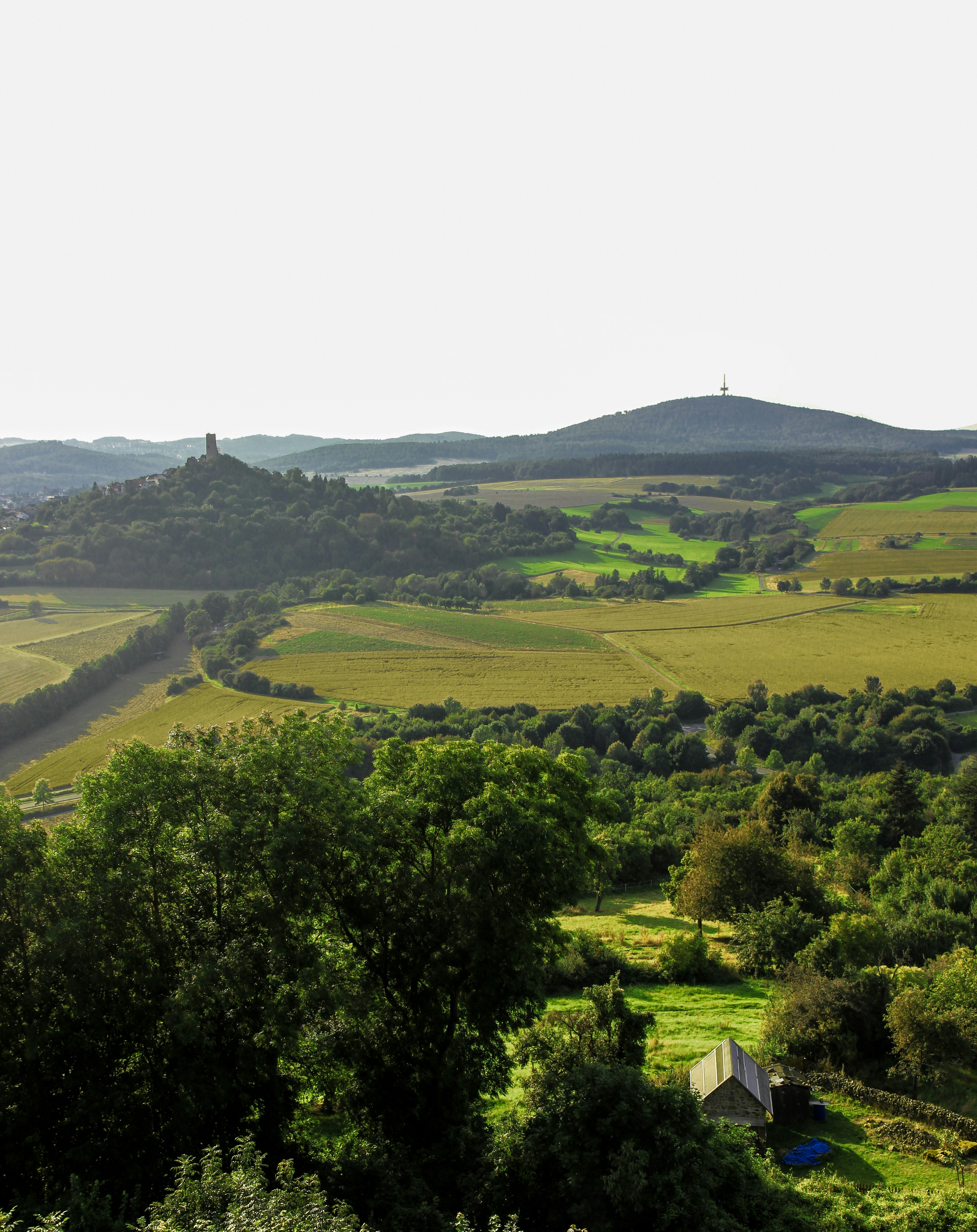 Rolling green hills with a castle and tower