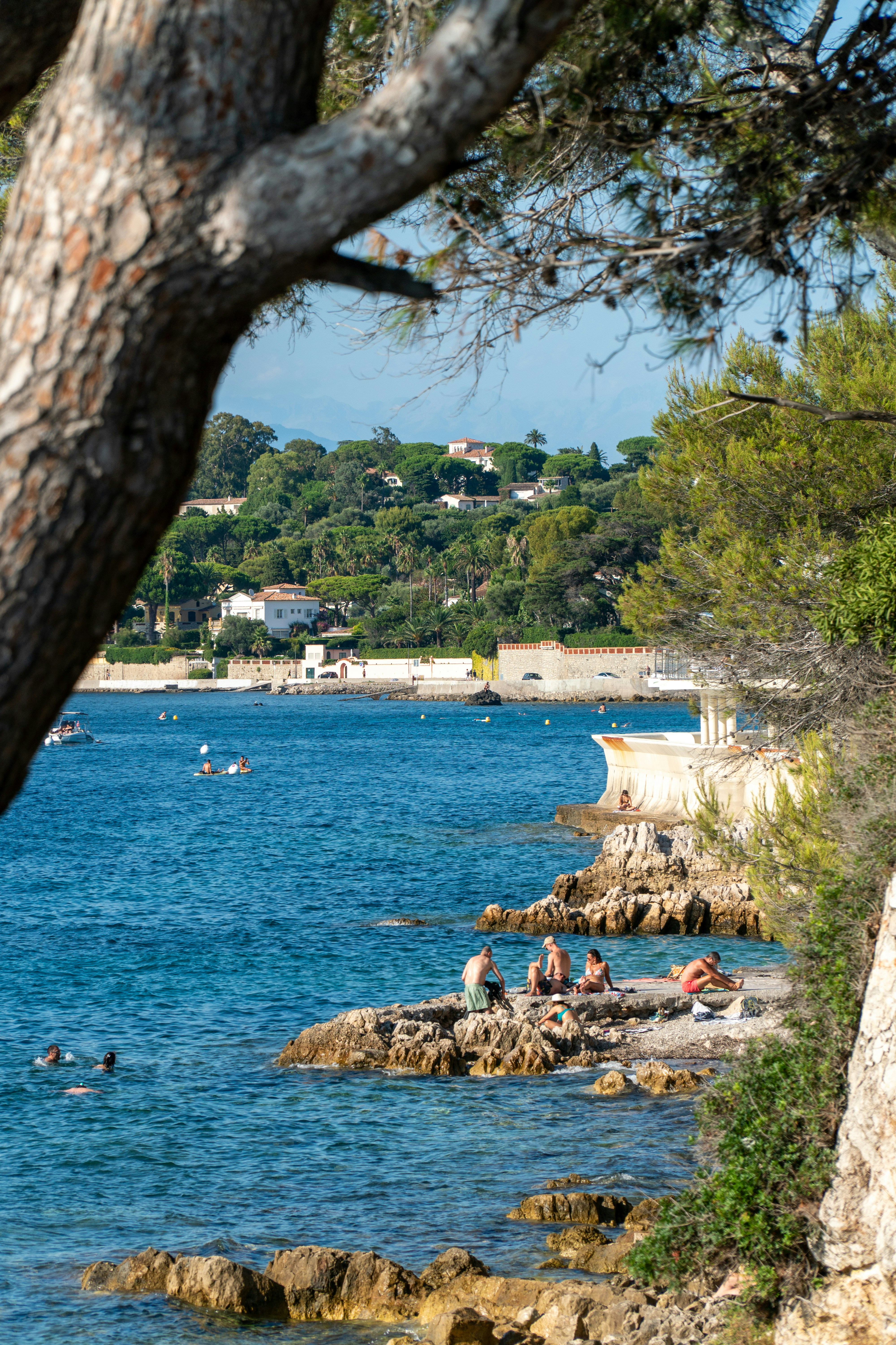 Individuals enjoying leisure time on rocky shoreline with clear blue waters and lush greenery in the background.