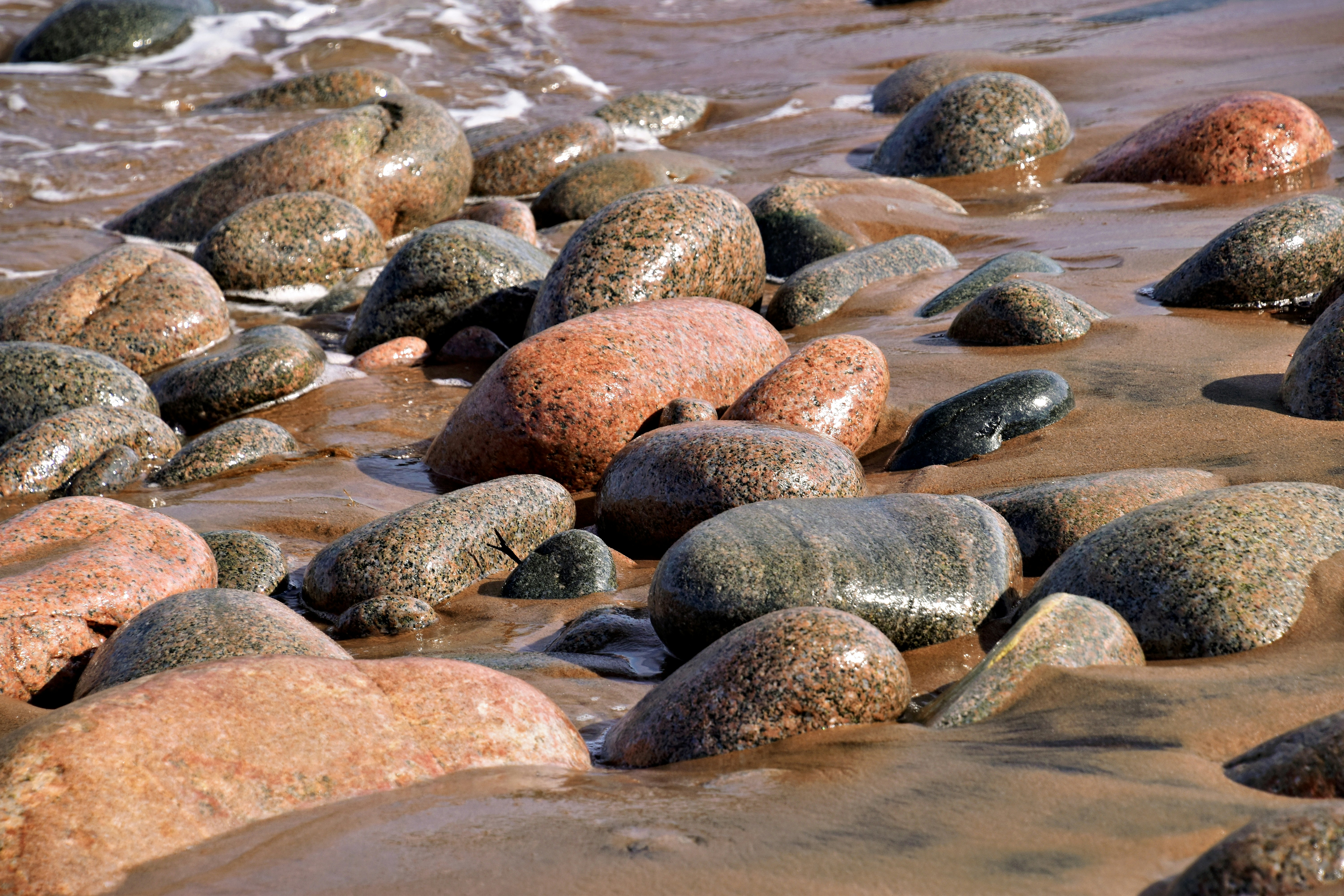 Smooth, multicolored pebbles scattered along a sandy beach, partially submerged in shallow water. The scene captures the tranquility of a coastal landscape.