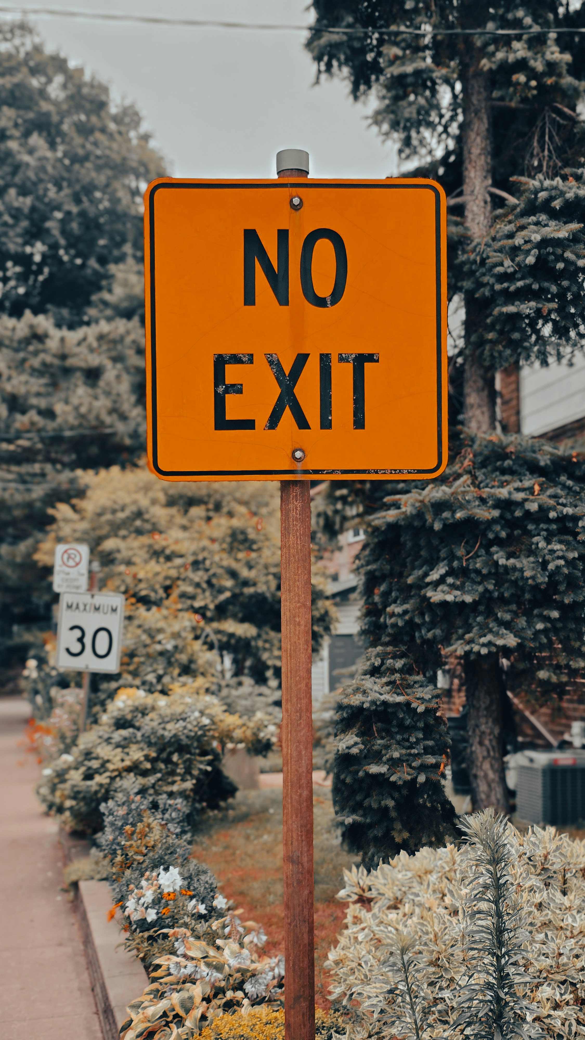Orange no exit sign on a pole.