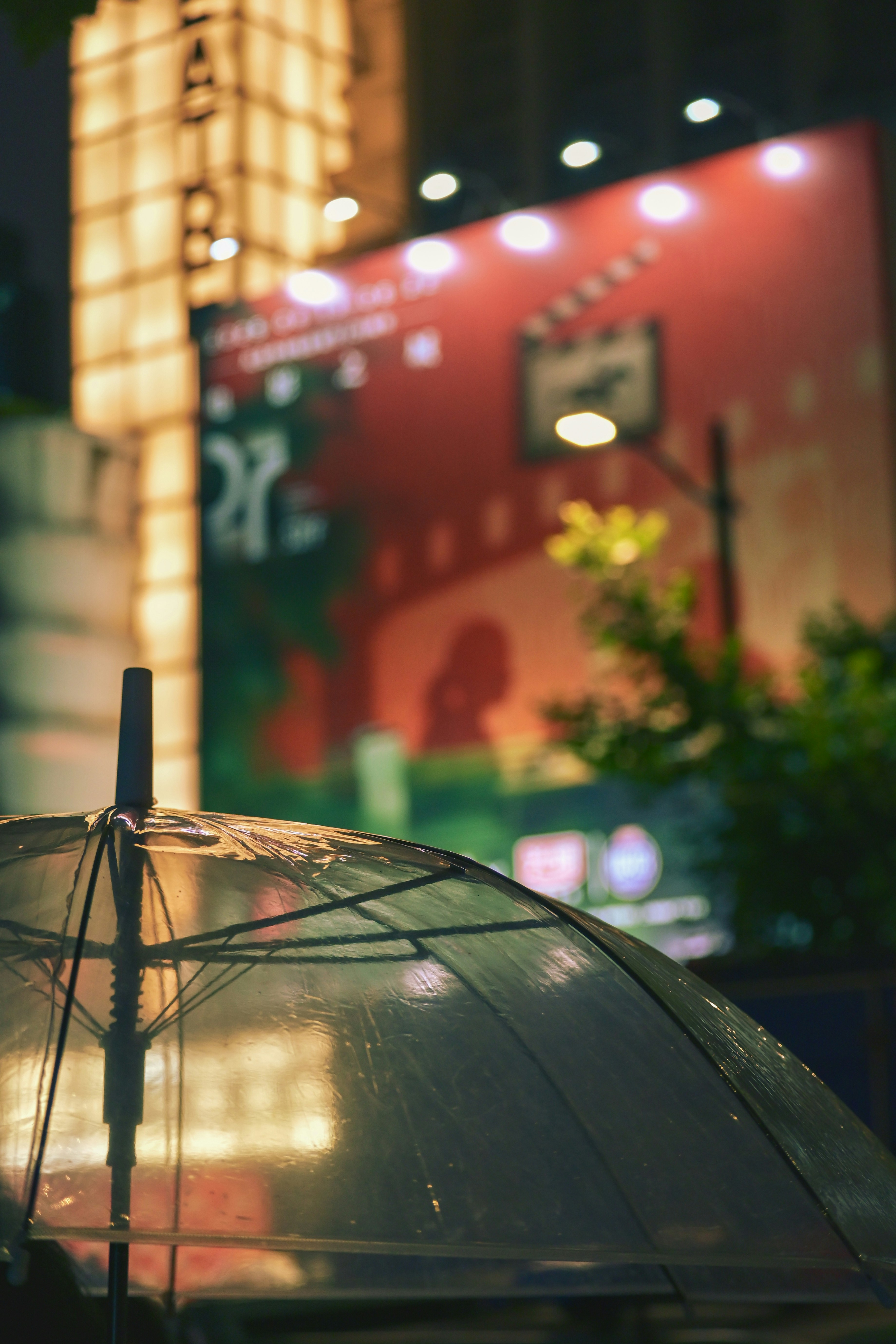 Clear umbrella in front of a blurry city billboard at night