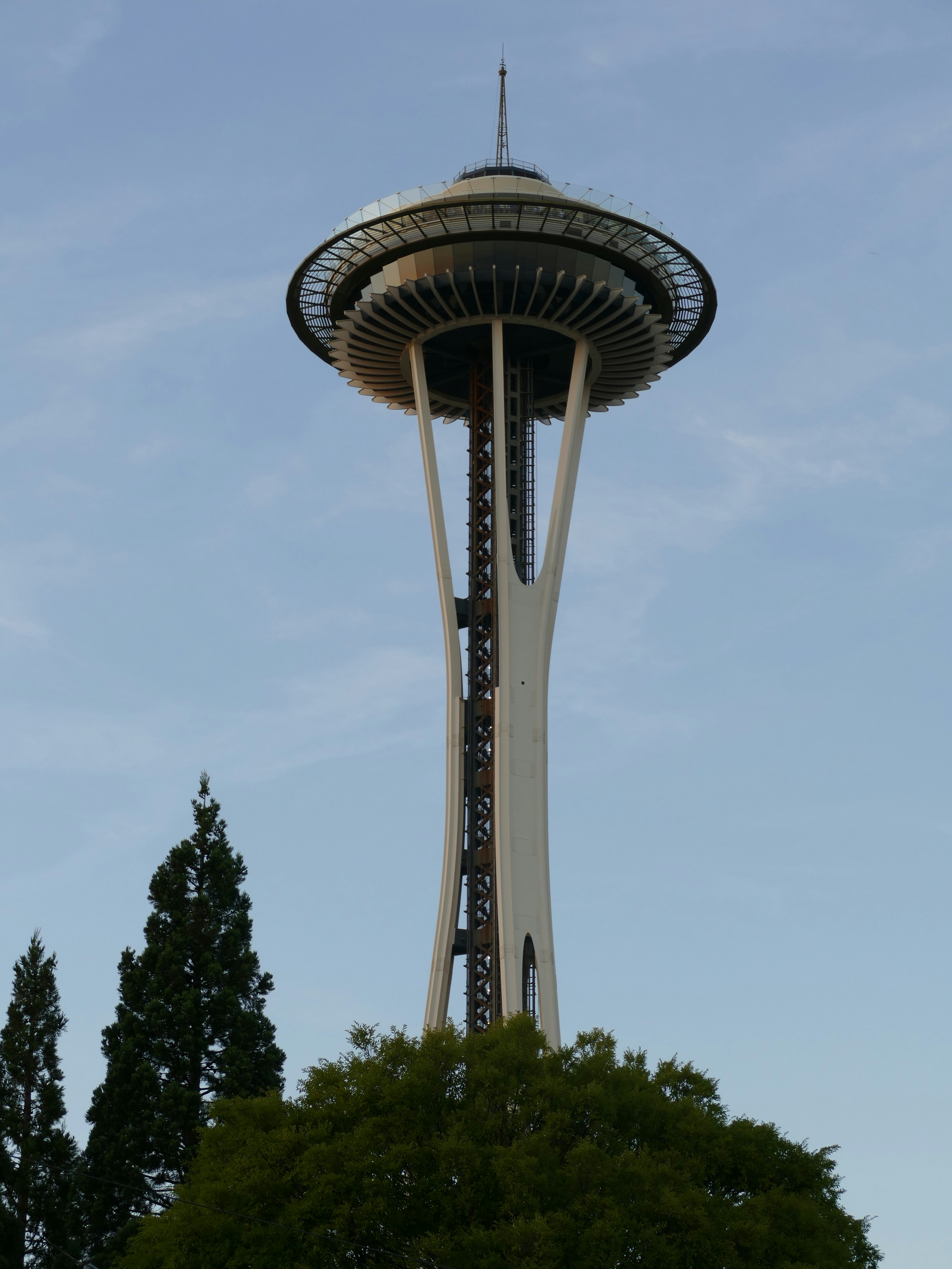 The space needle tower against a clear blue sky