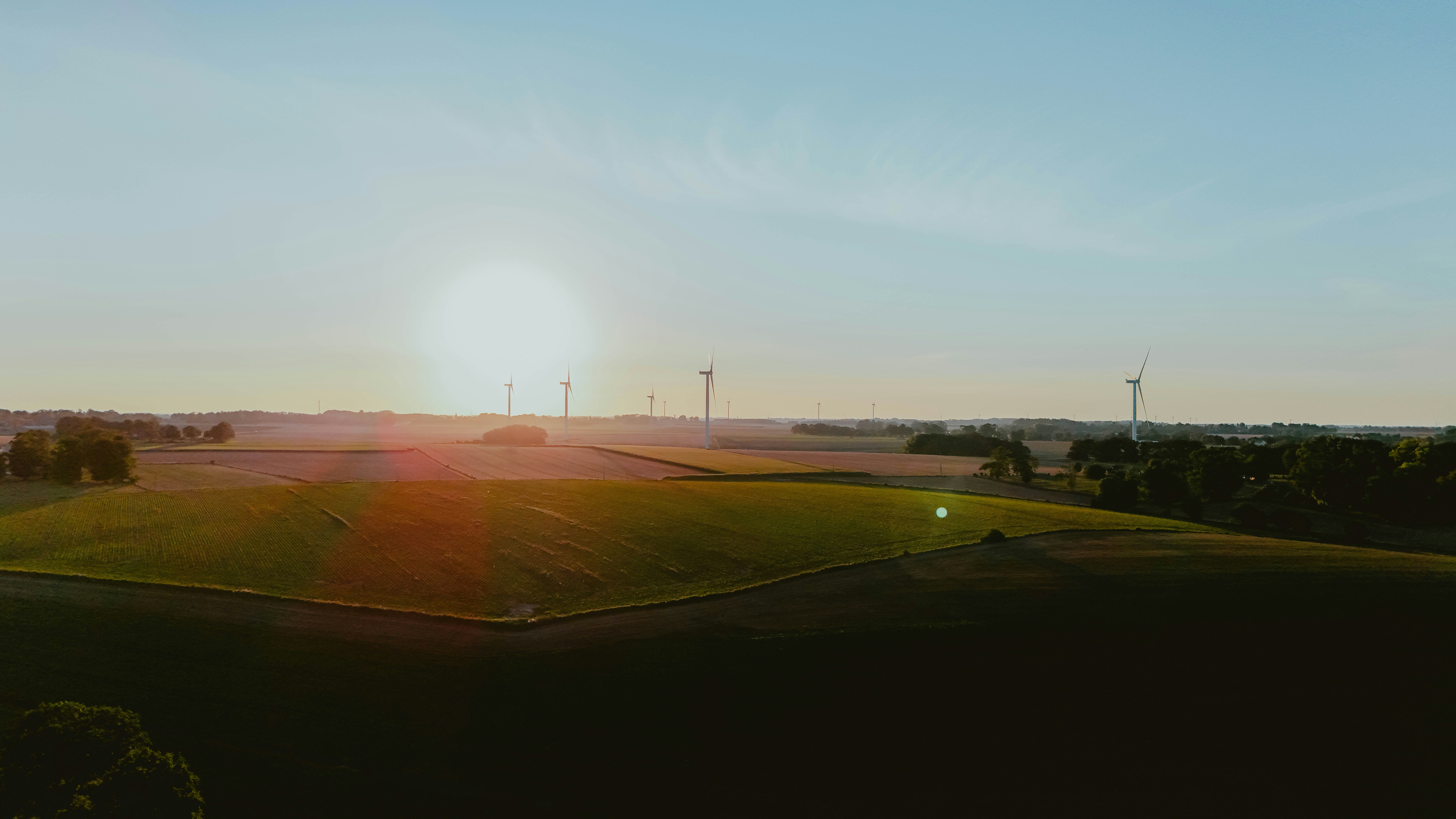 Wind turbines in a field at sunset