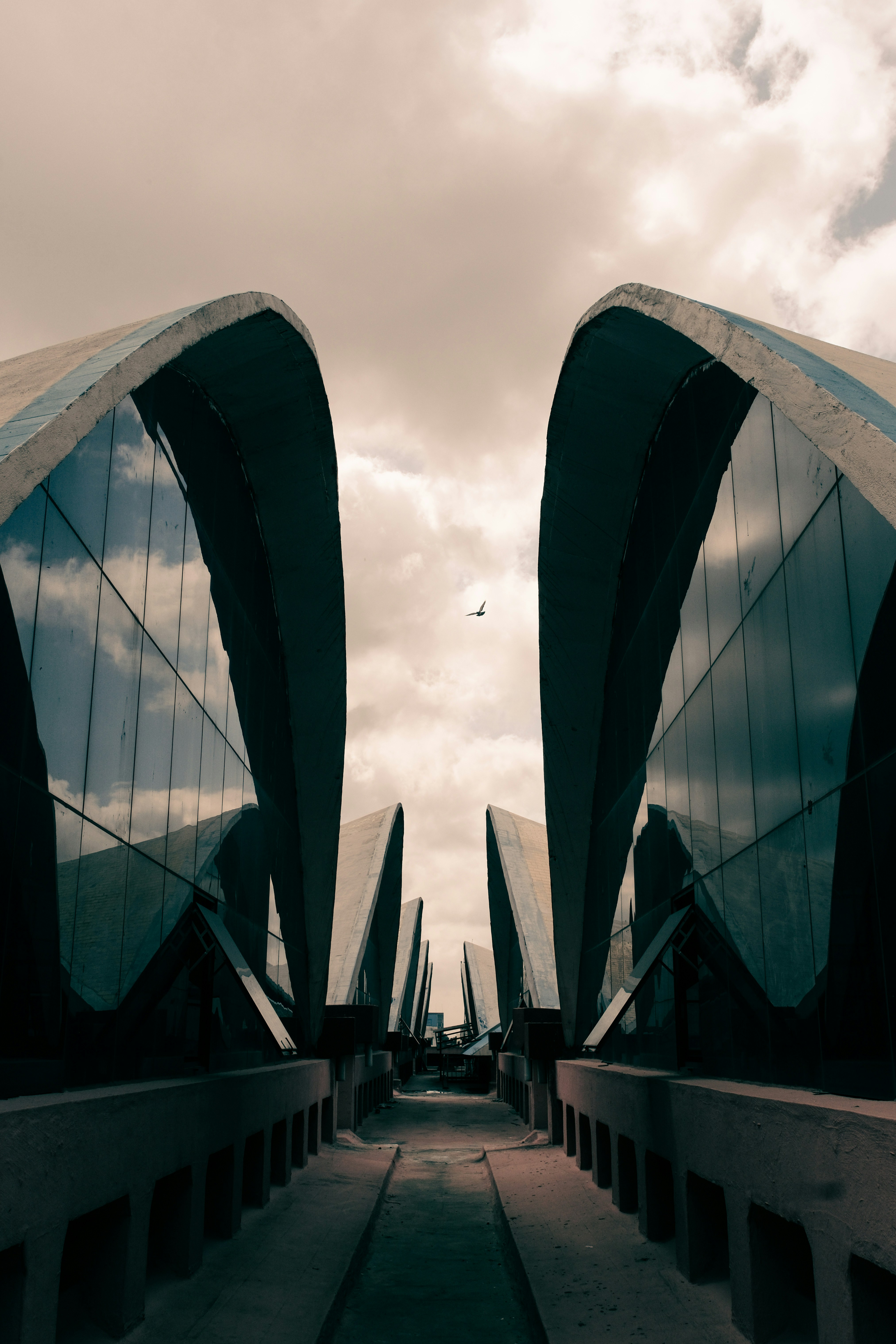 Architectural design featuring mirrored surfaces and sweeping curves, leading towards a cloudy sky with a solitary bird in flight.