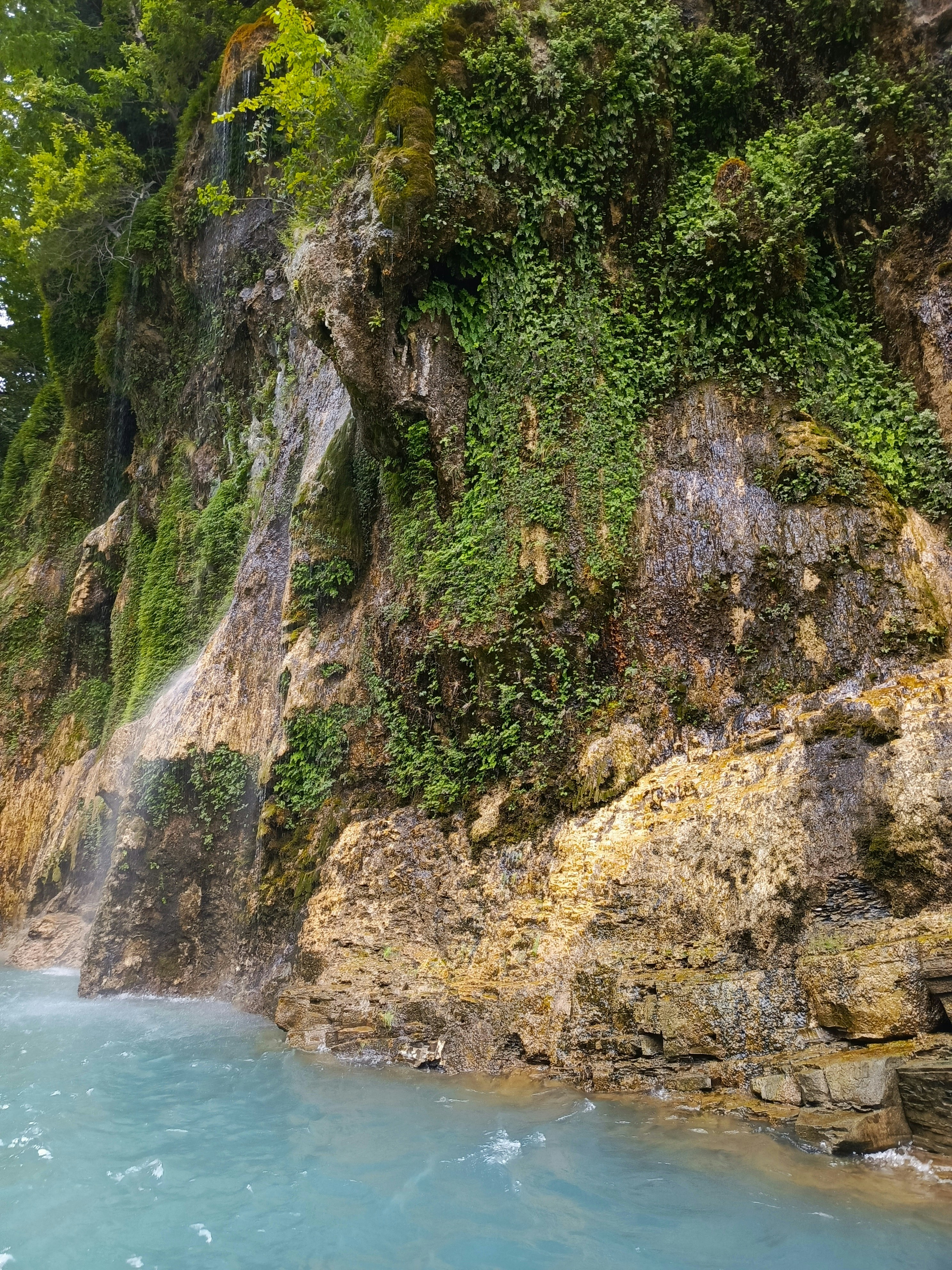 Lush green moss and cascading water adorn a rocky cliff beside a tranquil turquoise pool.