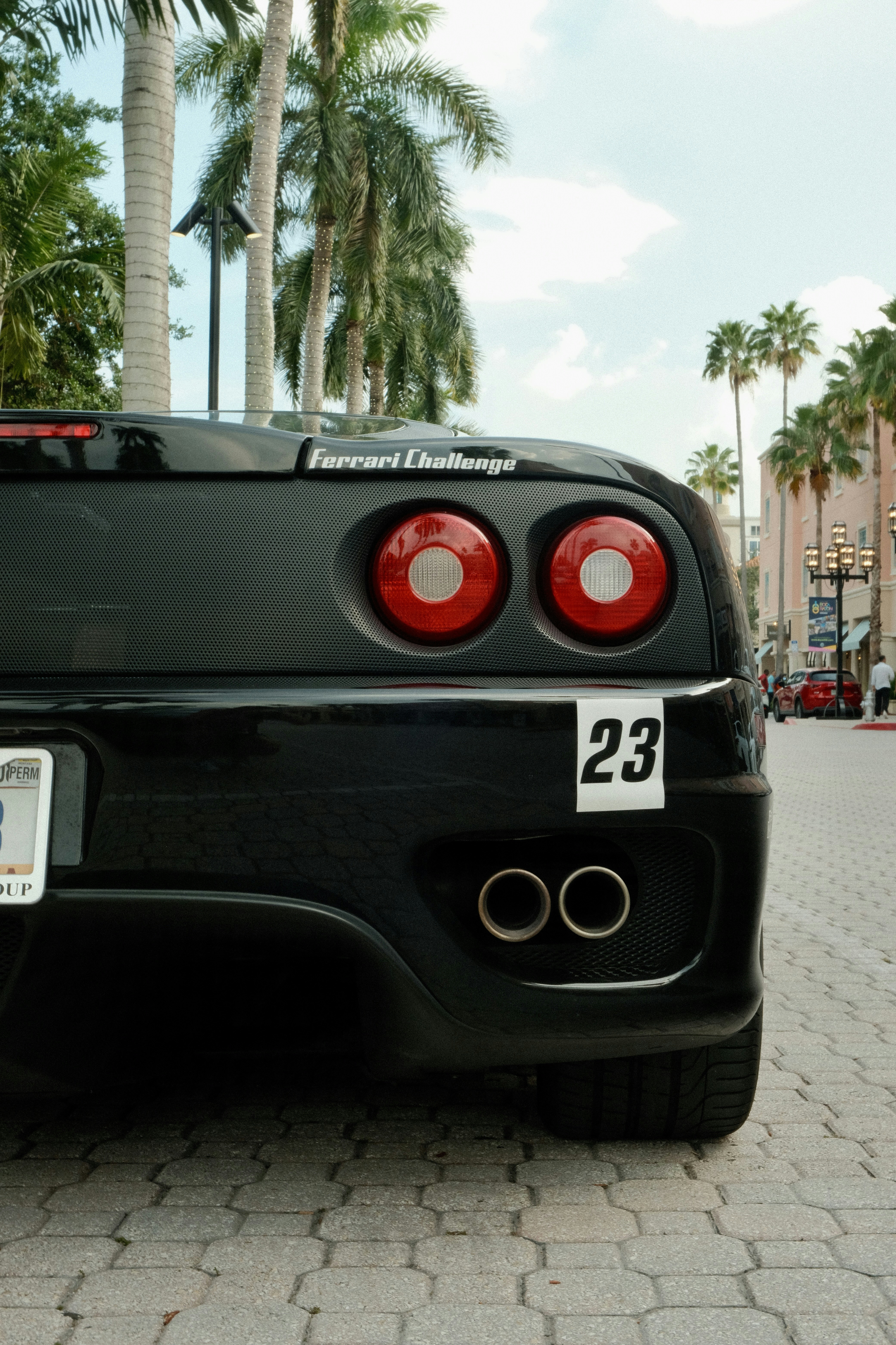Rear View of a Ferrari Challenge: twin red taillights on a palm-lined boulevard