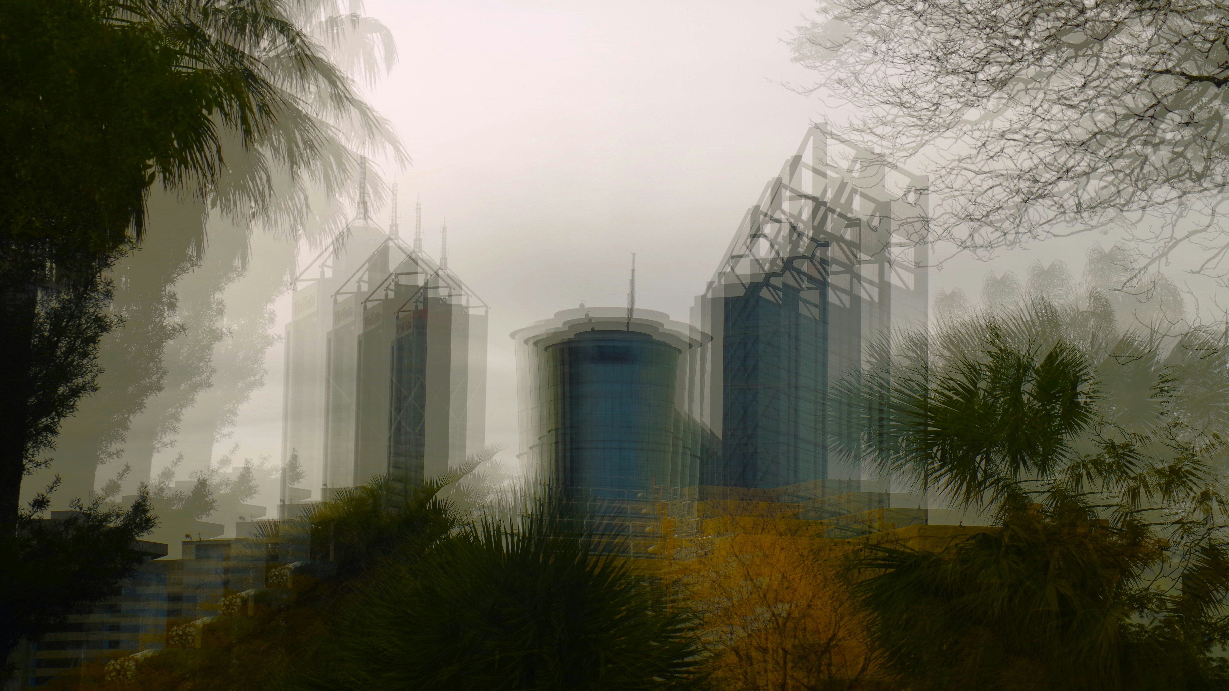 A multi-image exposure of buildings on the Perth city skyline. | Blurry modern buildings surrounded by trees and foliage