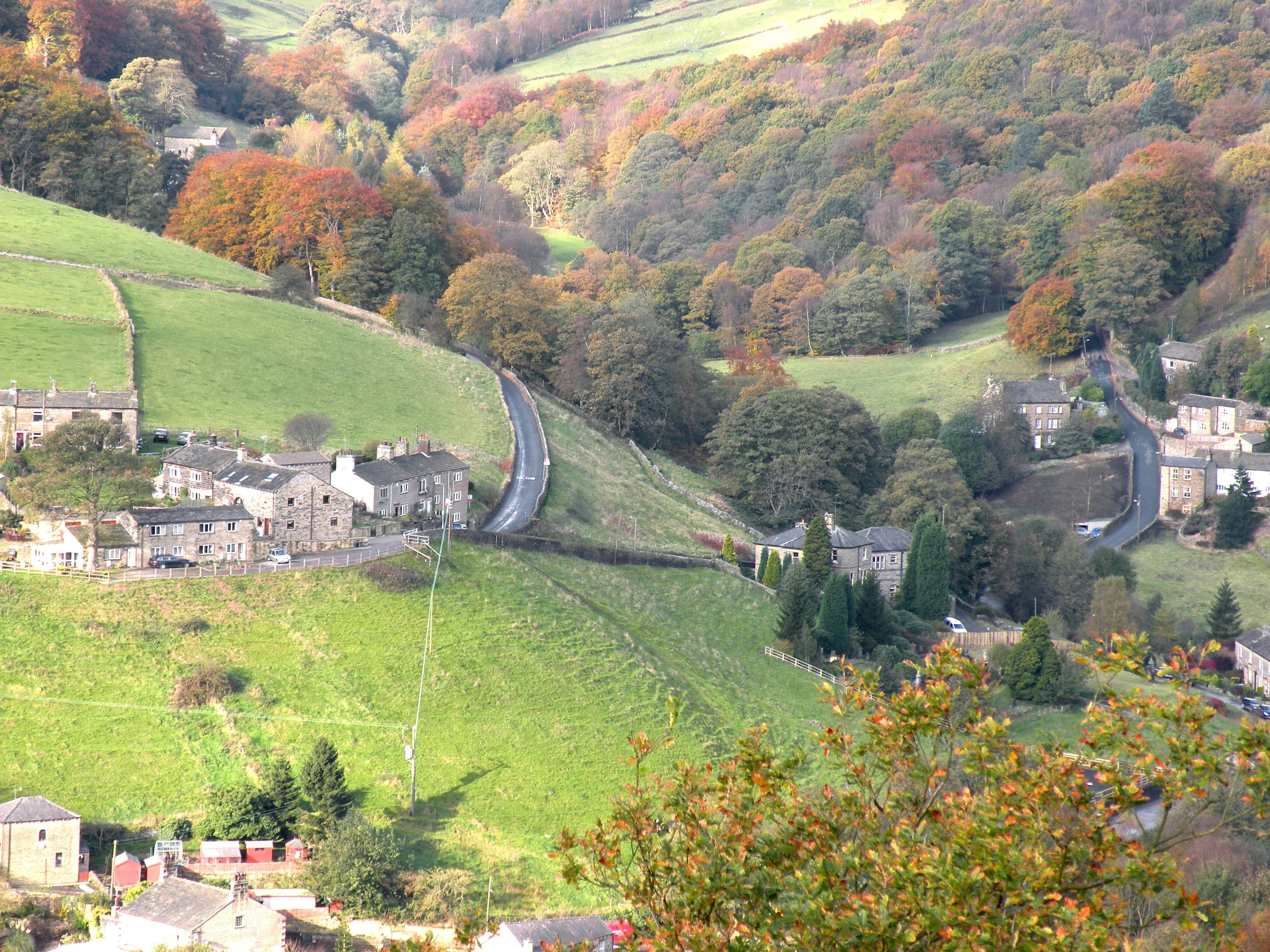 A picturesque valley dotted with quaint houses, surrounded by rolling hills adorned in vibrant autumn foliage. The winding road adds a sense of journey through this tranquil landscape.